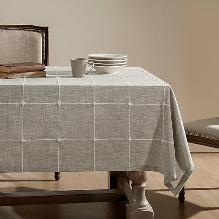 Amazon.com: ZeeMart Grid Embroidered Hemmed Tablecloths, Raw Linen ...