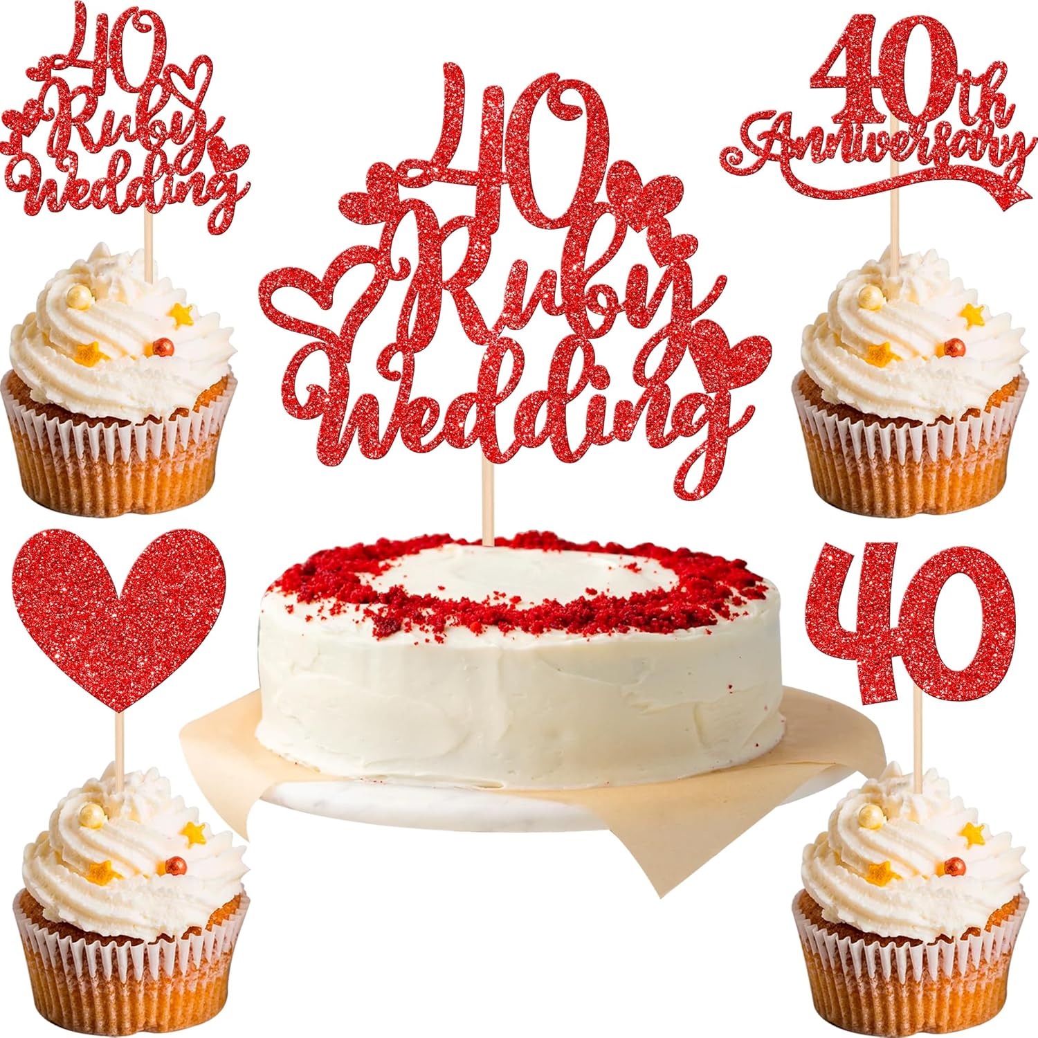 Amazon.com: 25 PCS 40th Anniversary Cupcake Toppers with Ruby Wedding Cake Topper Red Glitter ...