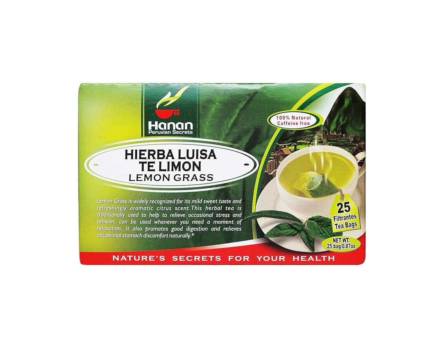 Hanan Secretos peruanos Hierba Luisa Te Limon 100 % hierba de limón natural 25 bolsas de té ...