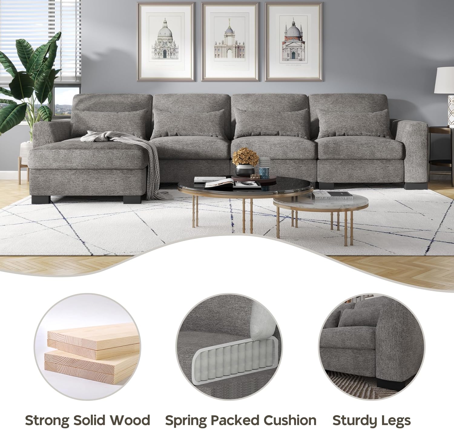 Sofá modular seccional, sofá modular convertible de 130 pulgadas con 4 almohadas, sofá modular ...