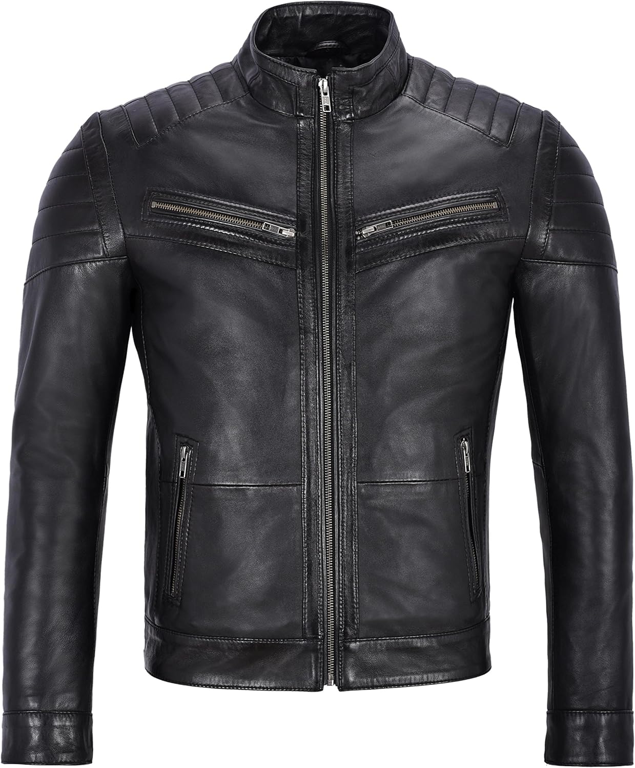Smart Range Men Real Leather Jacket Olive Green Slim Fit Biker ...