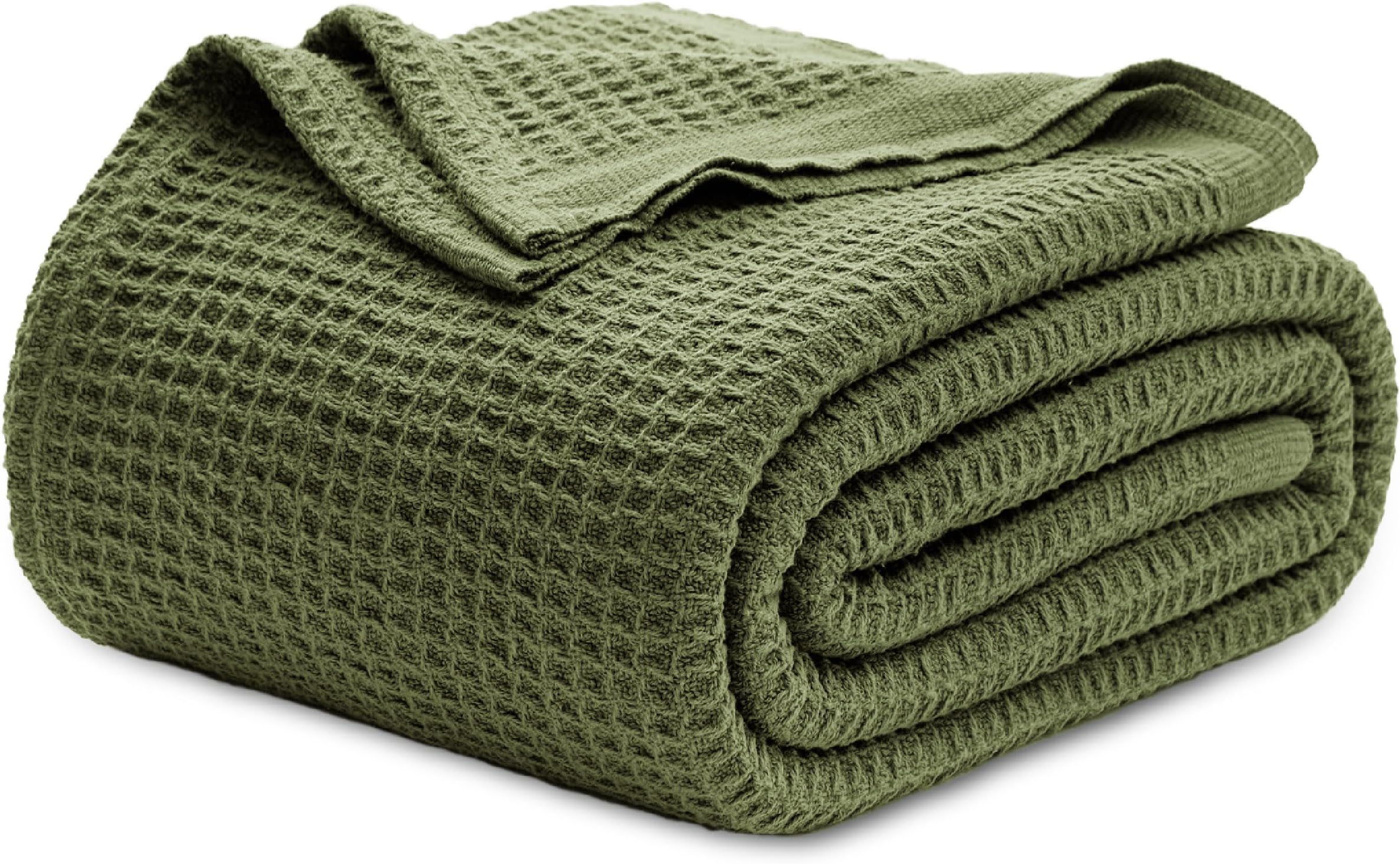Amazon.com: 100% Cotton Blanket for Full Queen Size Bed - Green Waffle ...