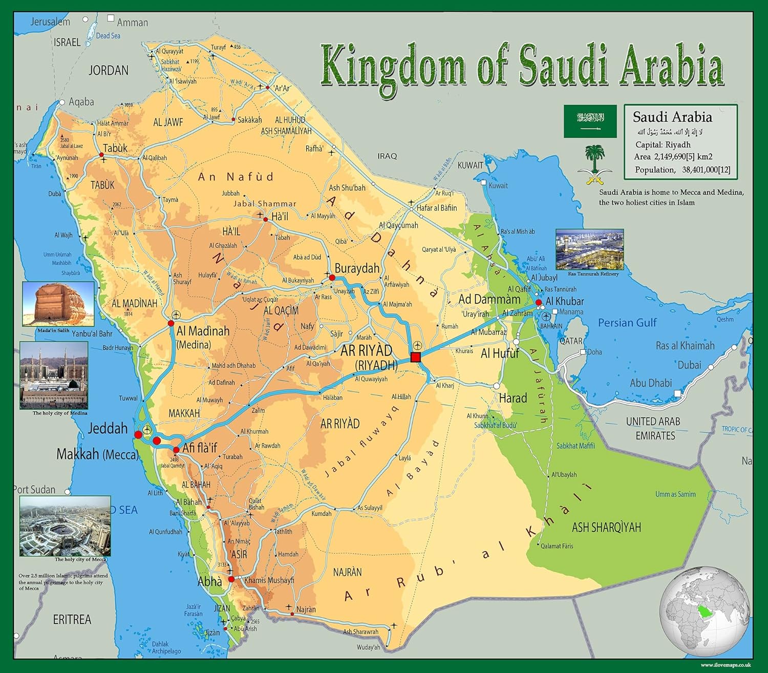 Mapa físico de Arabia Saudita - Tamaño - 62 cm x 54 cm - Papel laminado ...