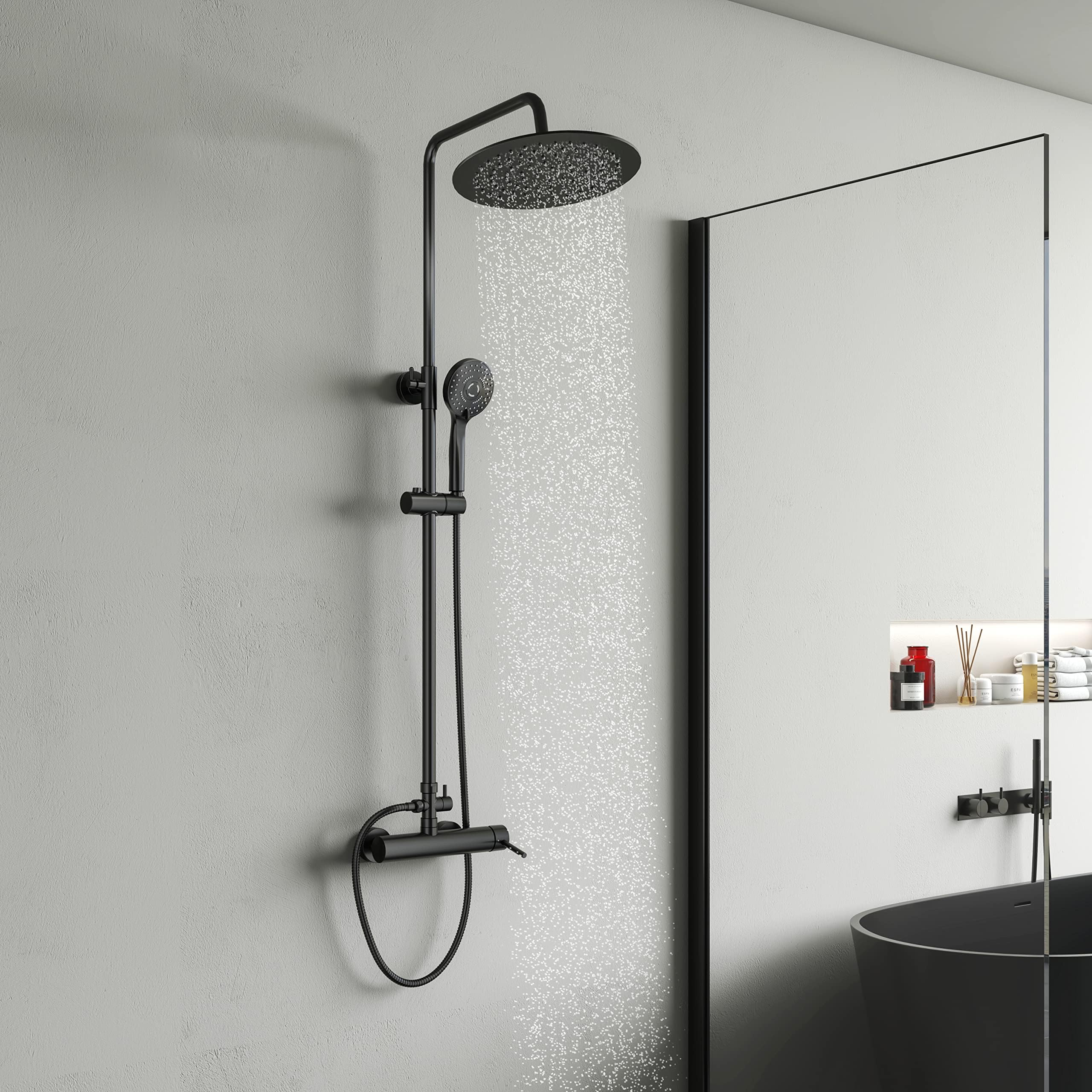 Colonne de Douche Noir Mat avec Mitigeur Hauteur Réglable Ensemble de ...