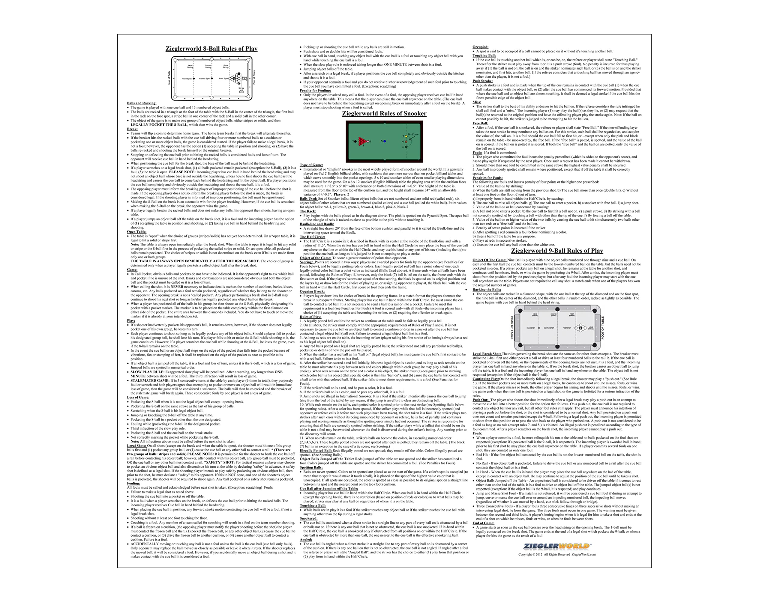 Amazon.com: Zieglerworld How To Play Billiard Pool Table Rules for 8 ...