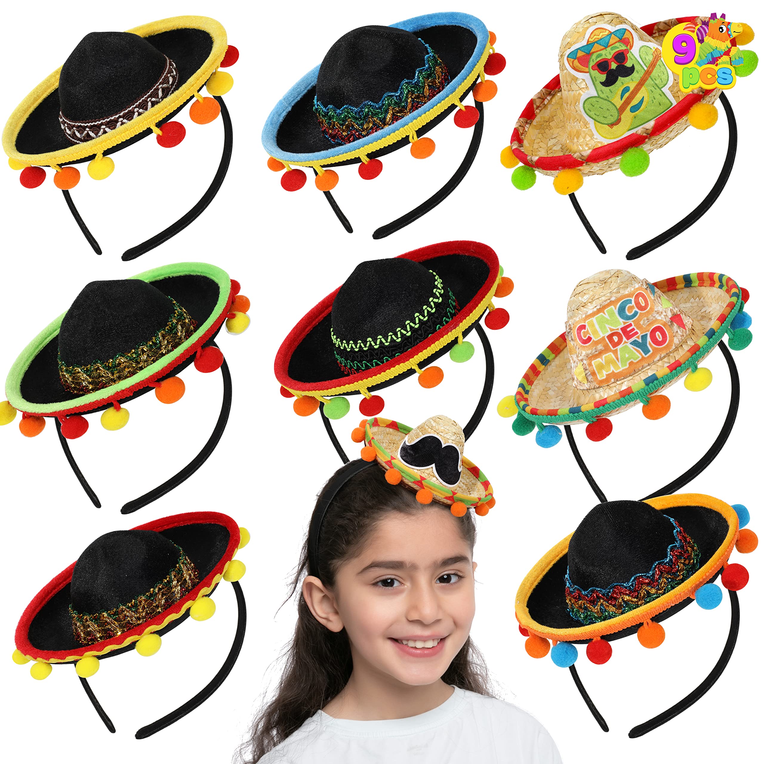 JOYIN 9PCs Cinco De Mayo Fiesta Straw Sombrero Headbands Party Costume ...