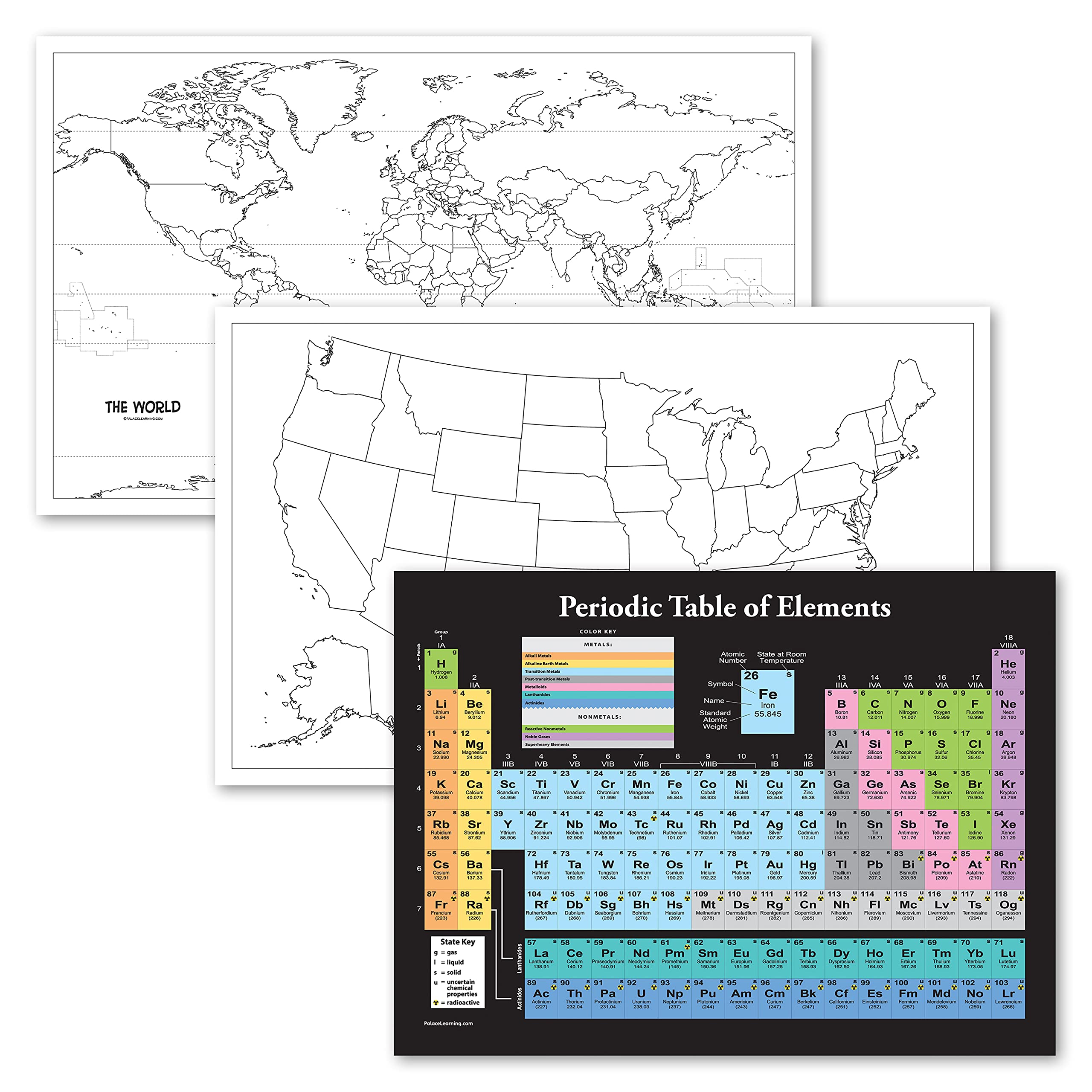 Buy 3 Pack - USA & World Blank Outline s + Periodic Table of the ...