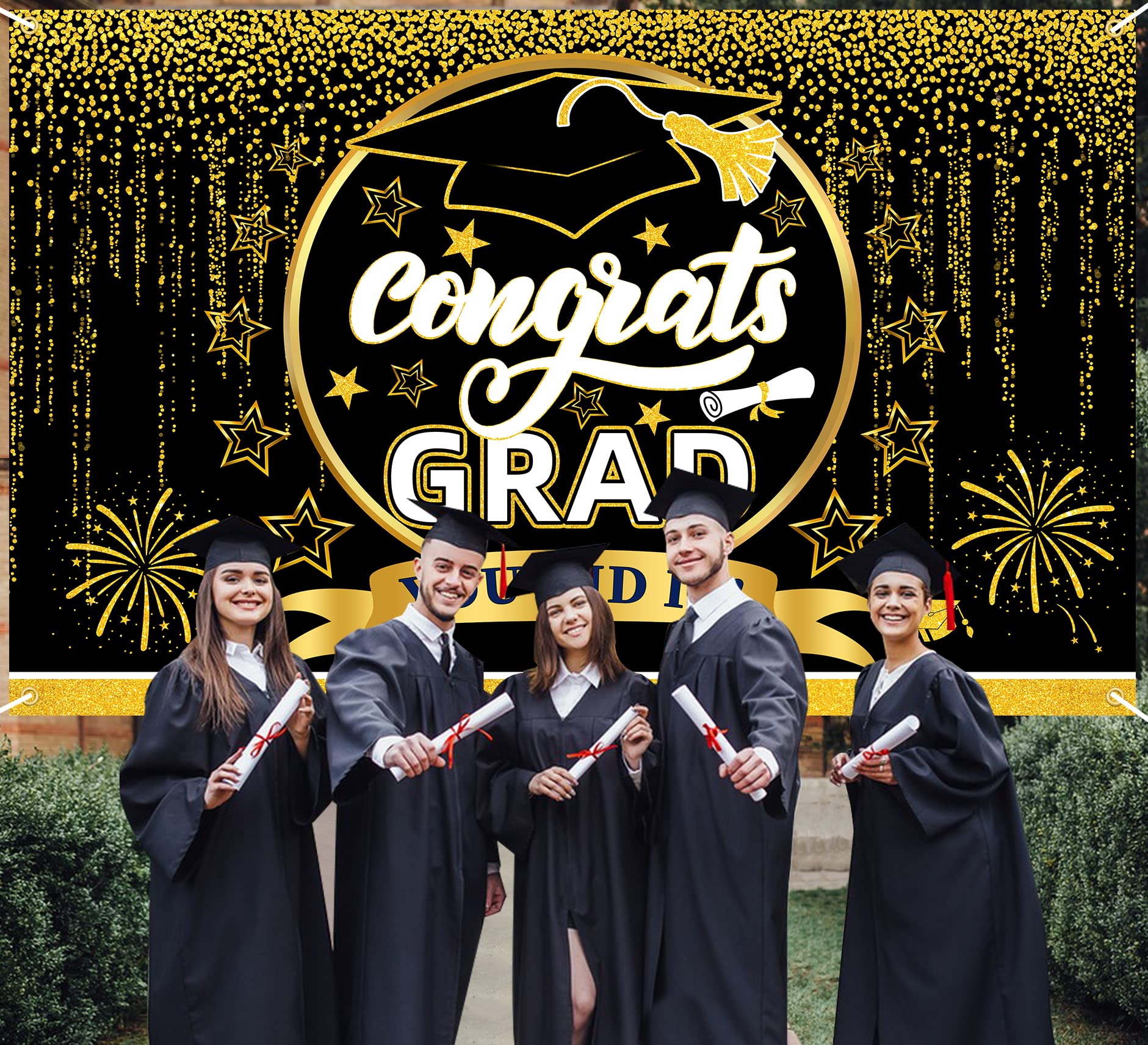 Black And Gold Graduation Banners Banner, Congrats Grad Banner, Black