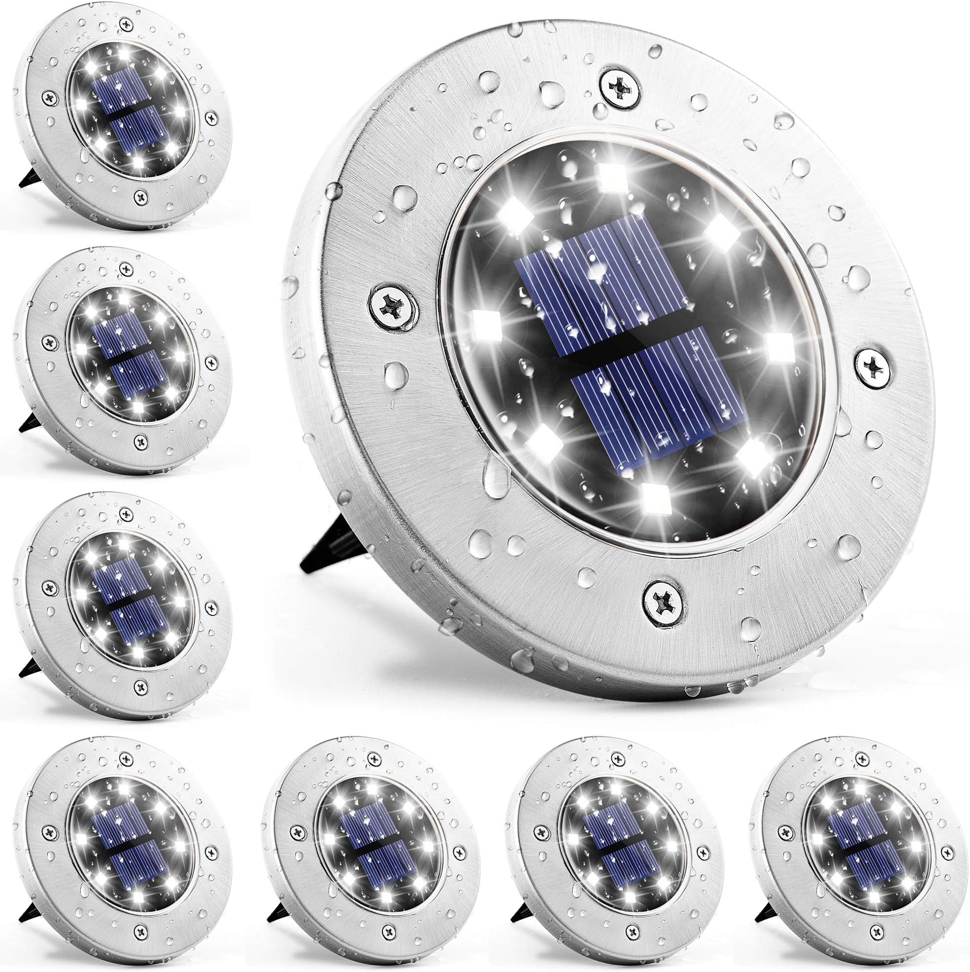 GIGALUMI 8 Pack Solar Ground Lights, 8 LED Solar Powered Disk Lights ...