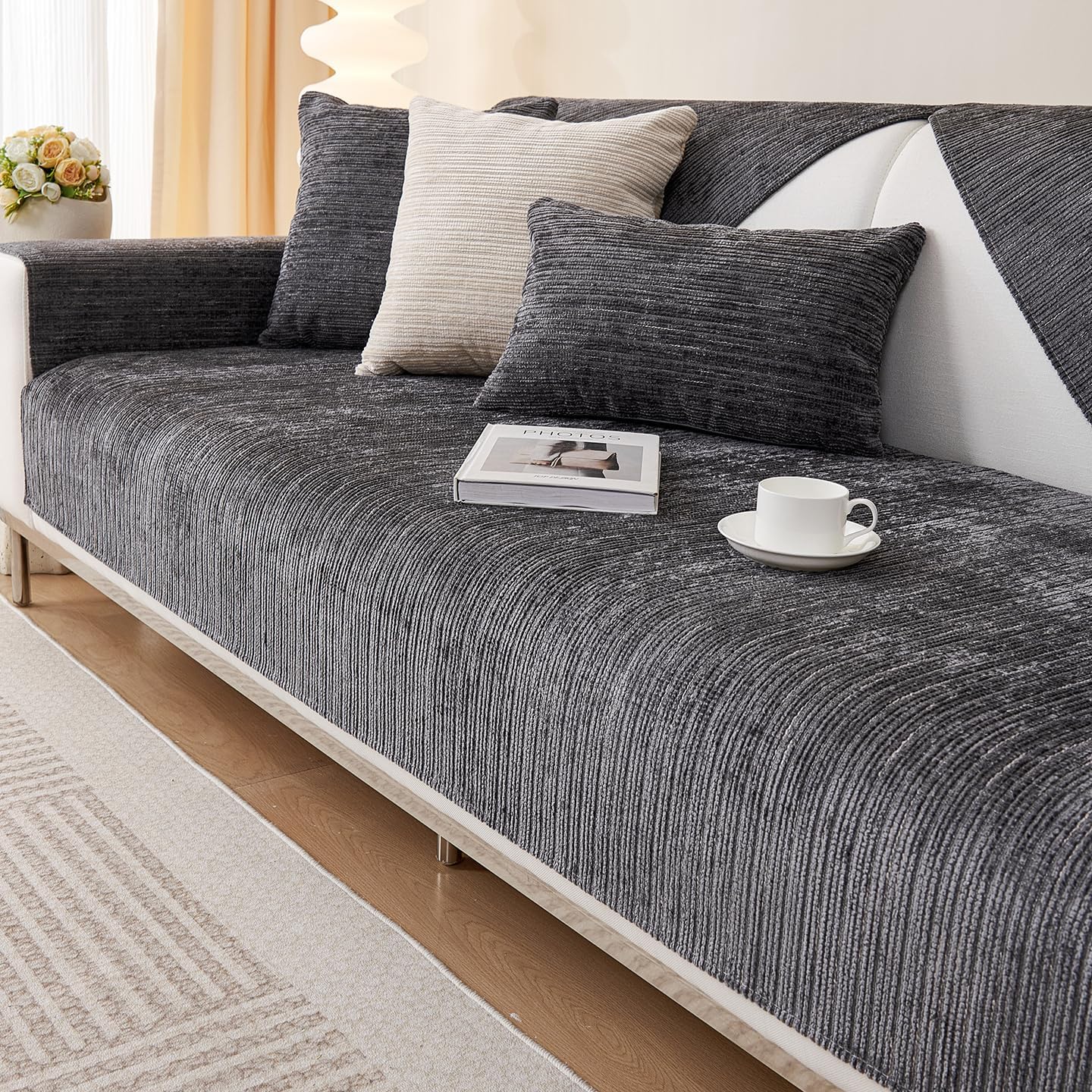 Amazon.com: vctops Soft Chenille Sofa Couch Cover Solid Color Striped ...