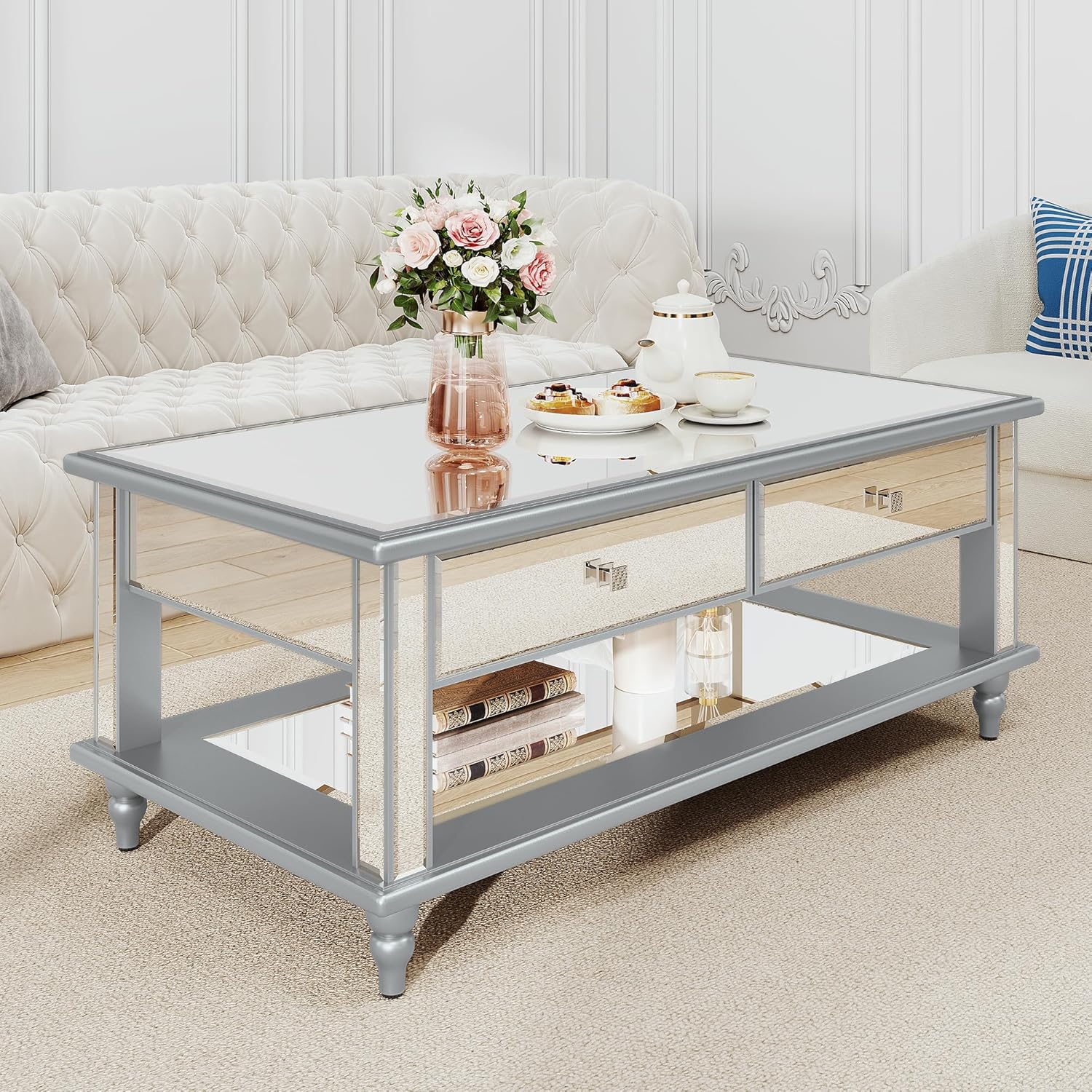 Amazon.com: DWVO 48 Inch 2 Tier Silver Mirrored Coffee Table with 2 ...