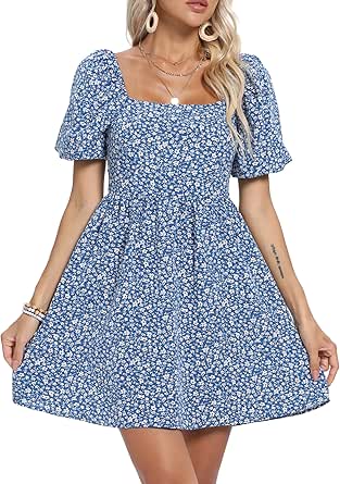 Women's Elegant Square Neck Lantern Sleeve Flora Colorfull Casual Party Mini Dress (as1, Alpha ...