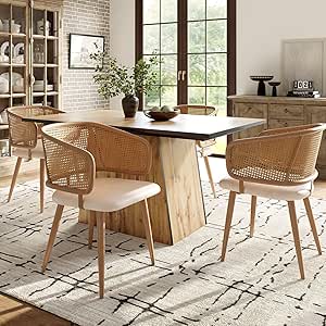 Merax Dining Chairs set of 4, with Rattan Backrest & PU Leather Seat ...