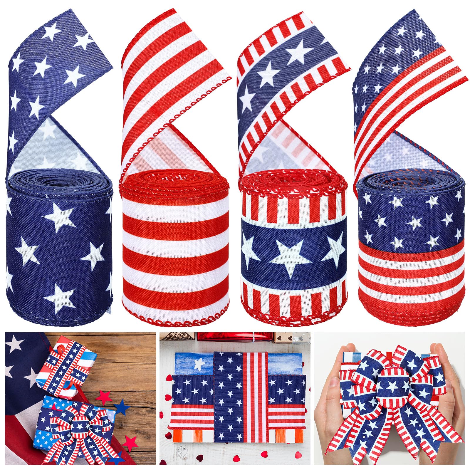 Amazon.com: Whaline 4 Roll July 4th Wired Edge Ribbon Patriotic Wired ...