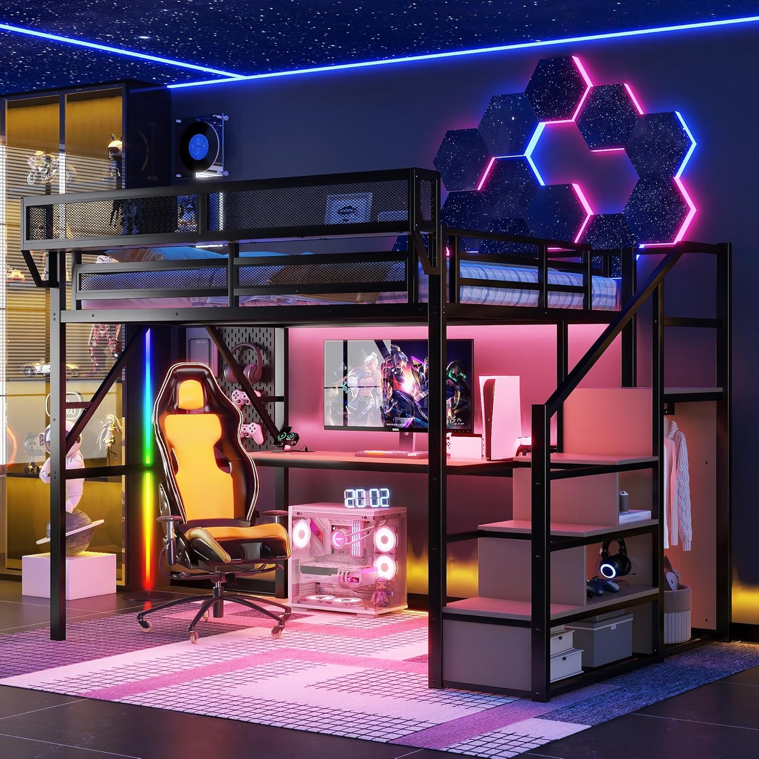 Amazon.com: Mirightone Queen Size Loft Bed with Stairs & Desk, Metal ...