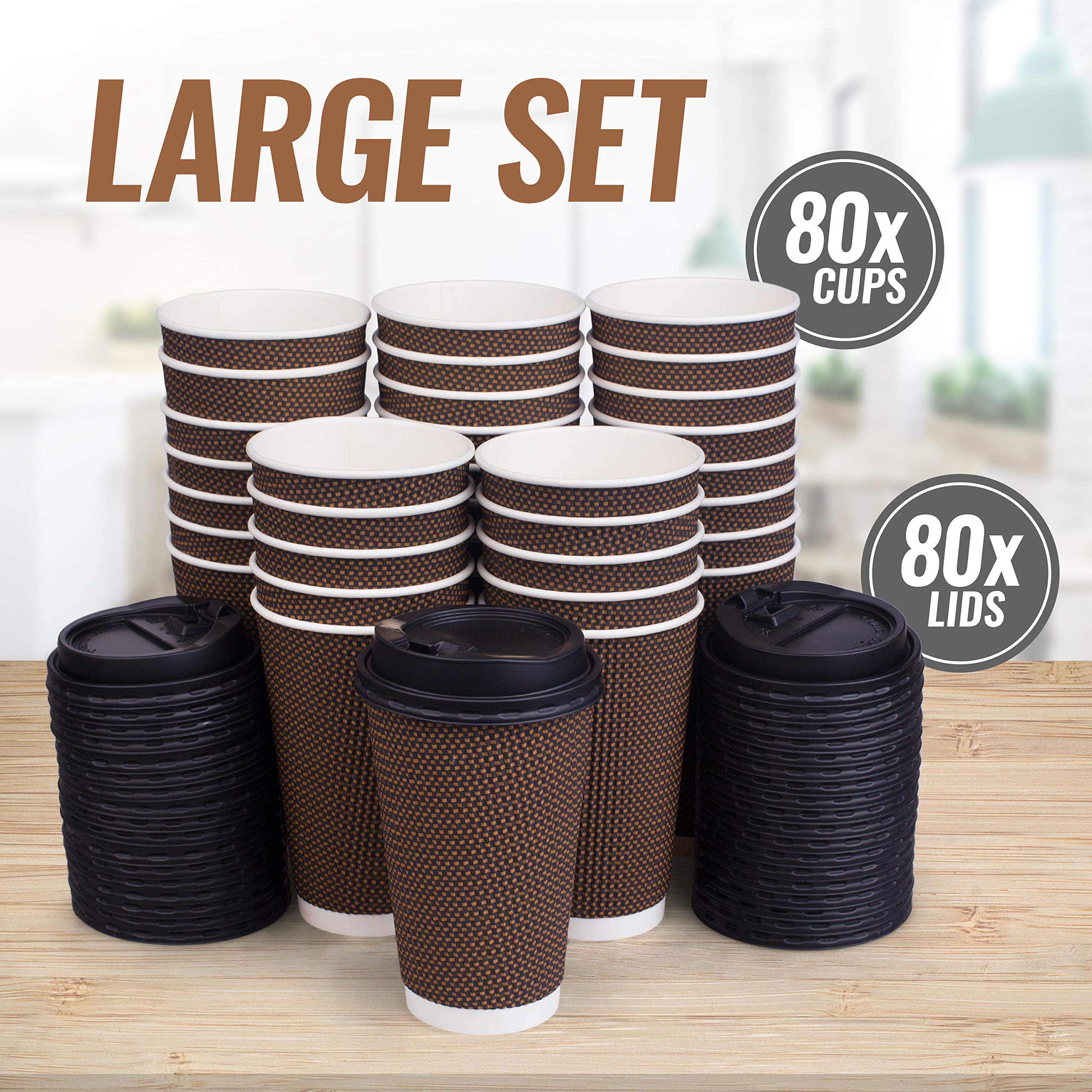 Promora Brown Disposable Coffee Cups With Lids 16 oz, Premium Insulated ...