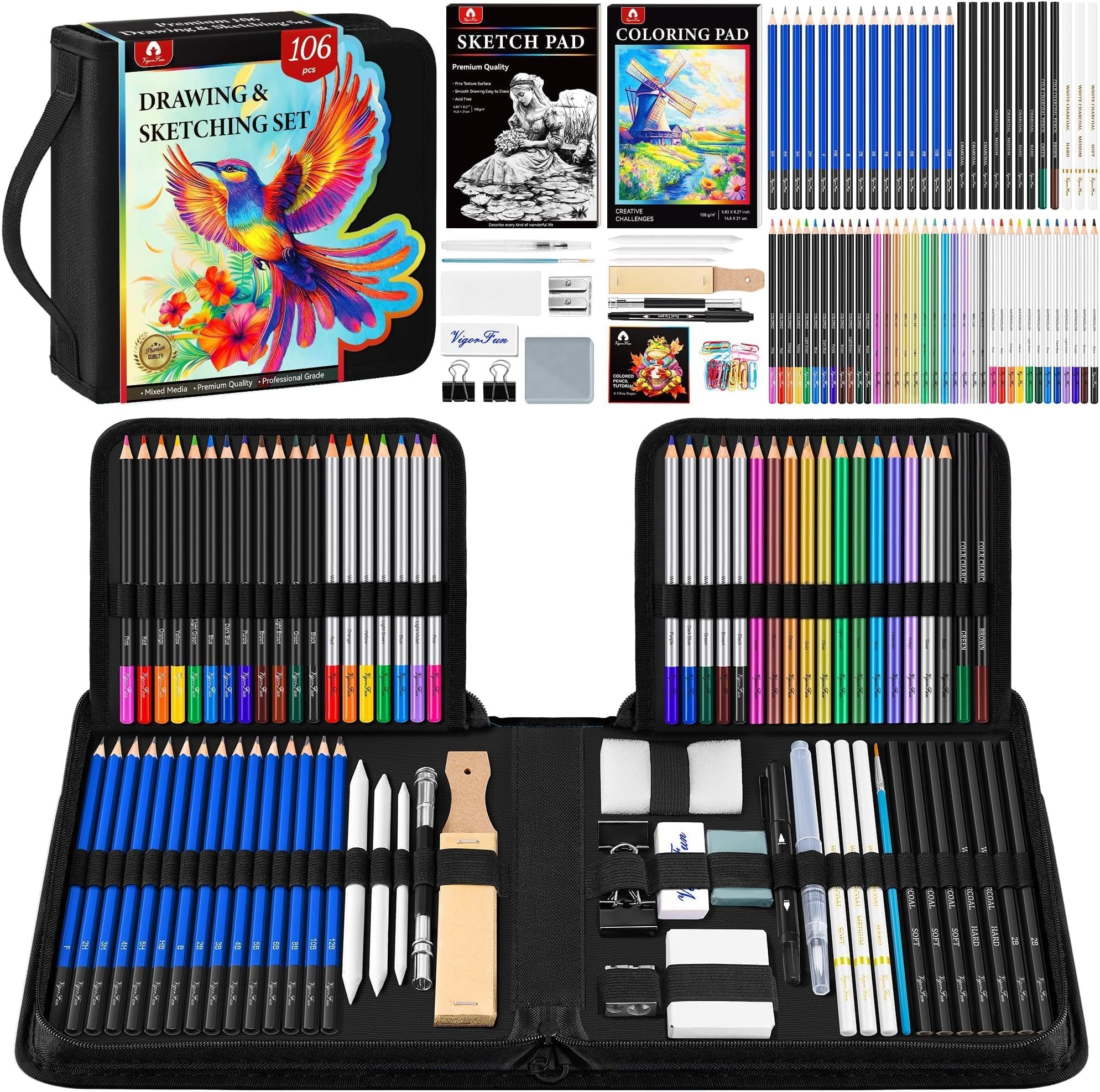 106 PCS Art Supplies Sketching Kit, Pro Drawing Pencils with 3-Color ...