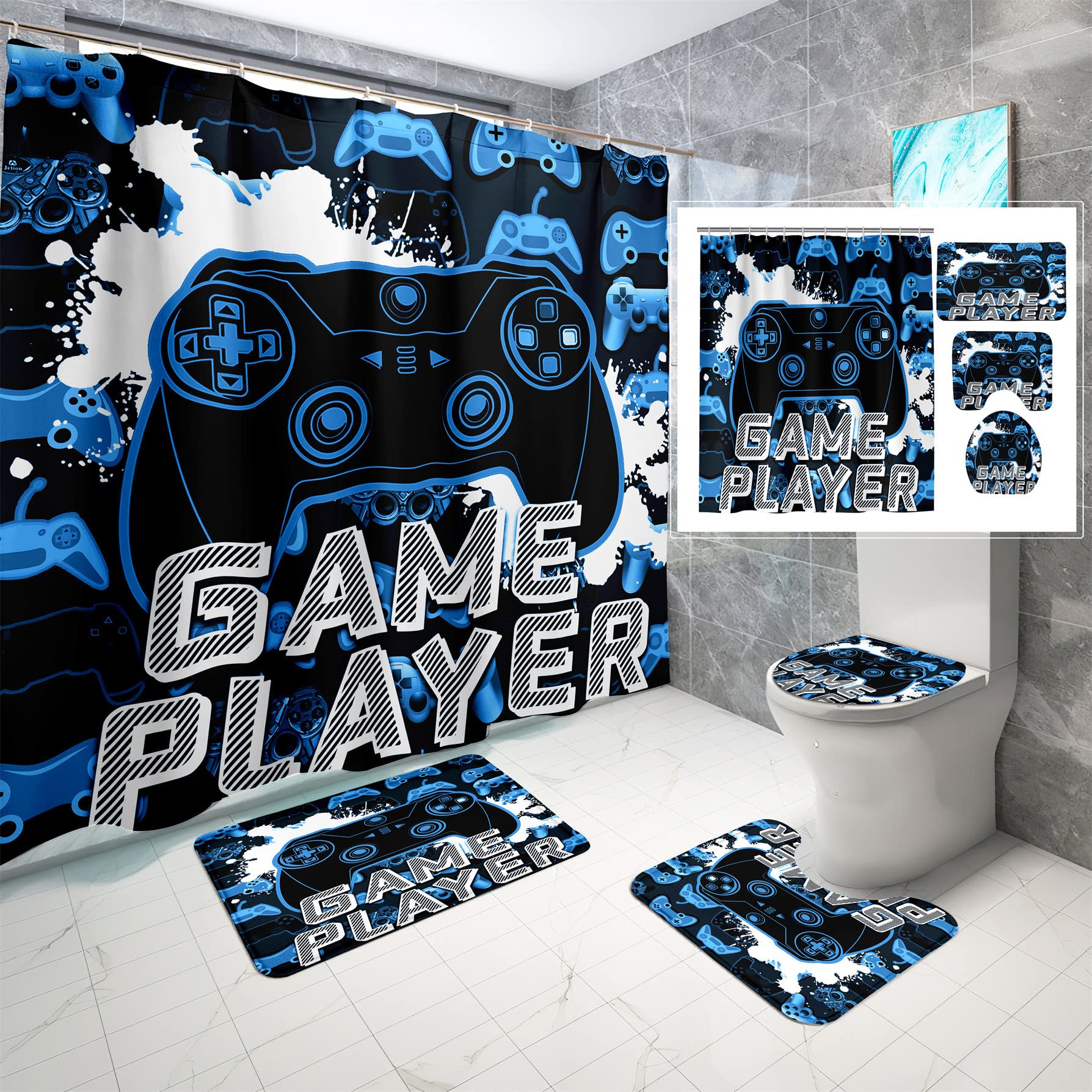Amazon.com: Kossmjx Boys Gaming Shower Curtain Set 4Pcs Gaming Bathroom ...