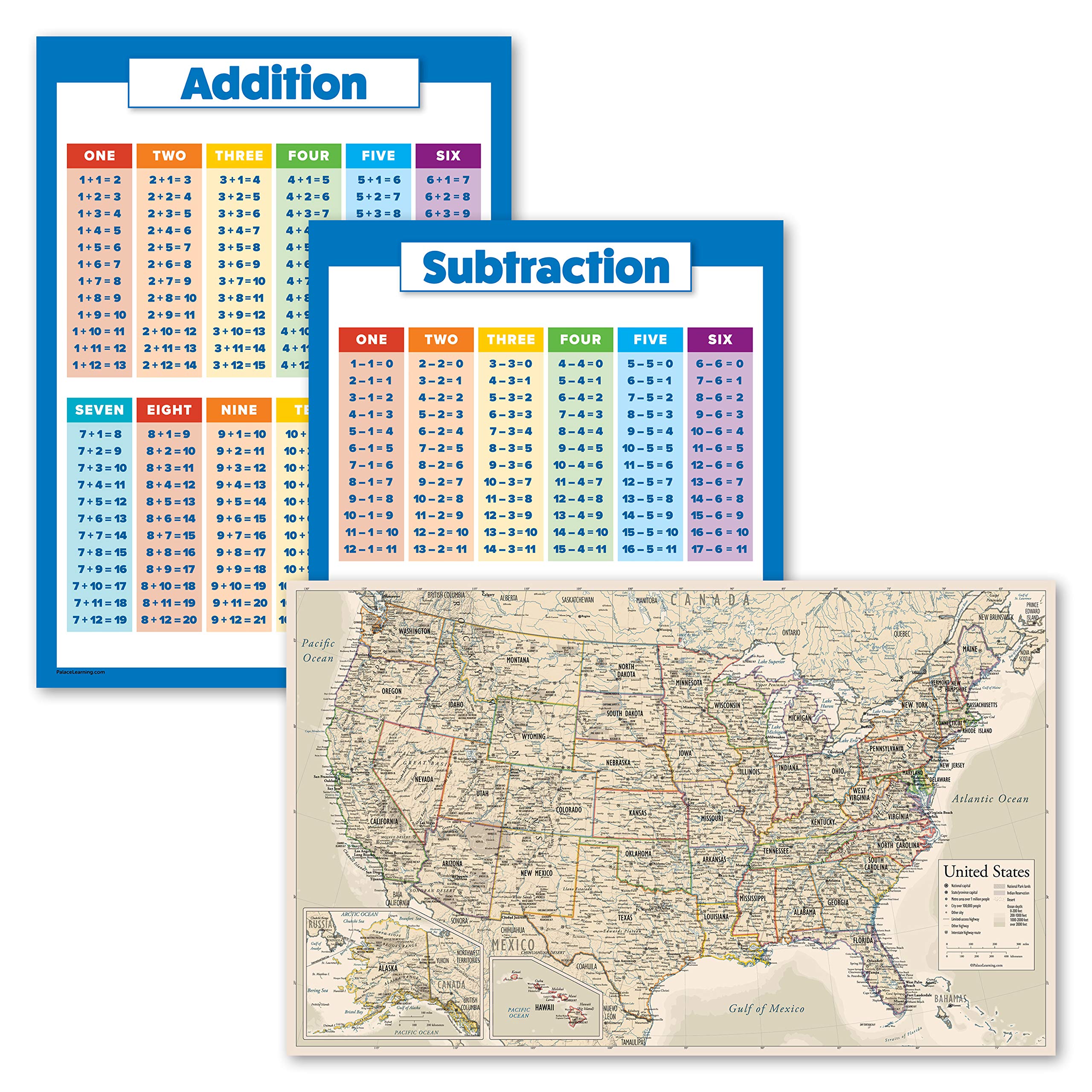 3 Pack Addition Subtraction Math Poster Set Antique Style Usa ...
