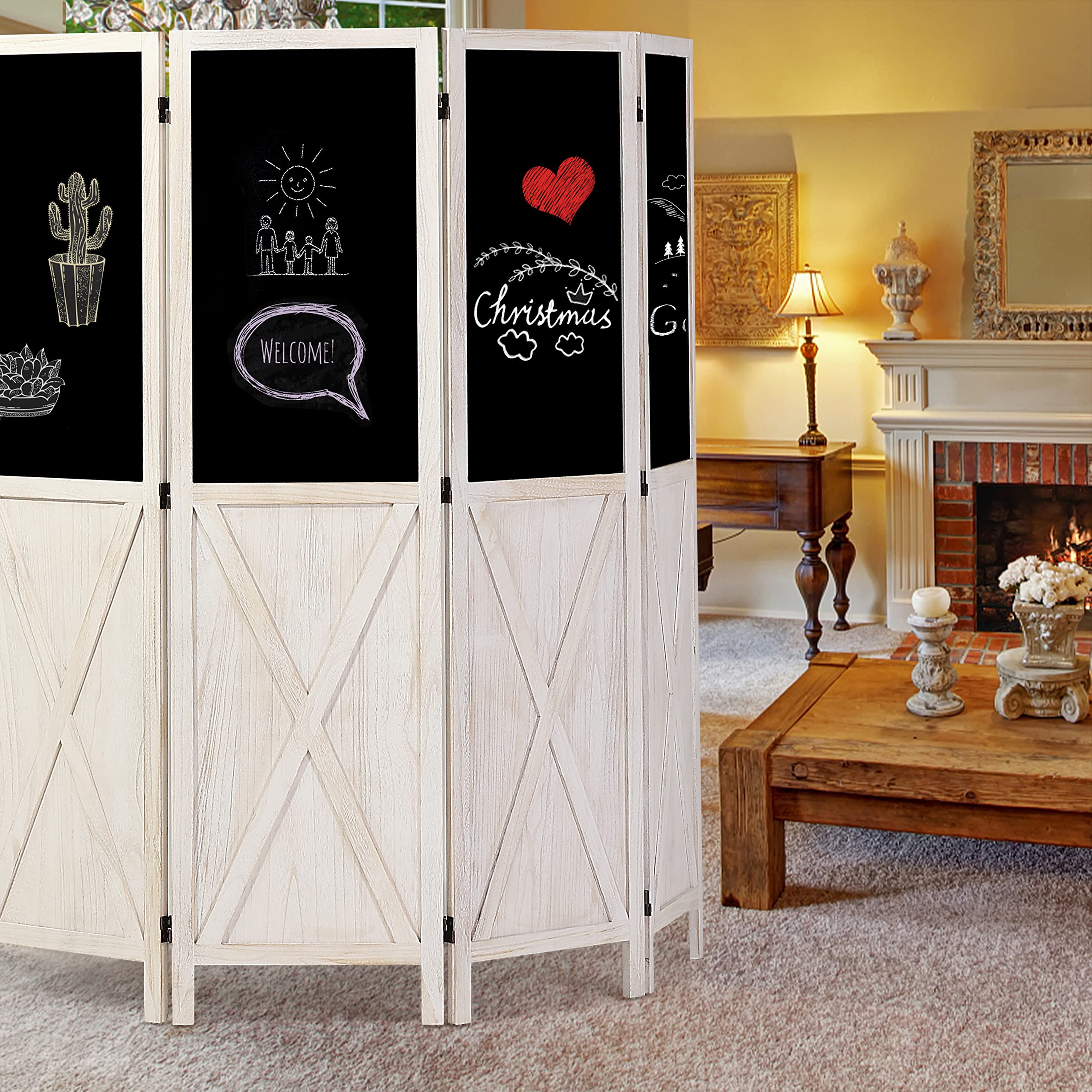 Wnutrees 5.8Ft Tall Wood Room Divider with Chalkboard Panels, 4 Panel ...