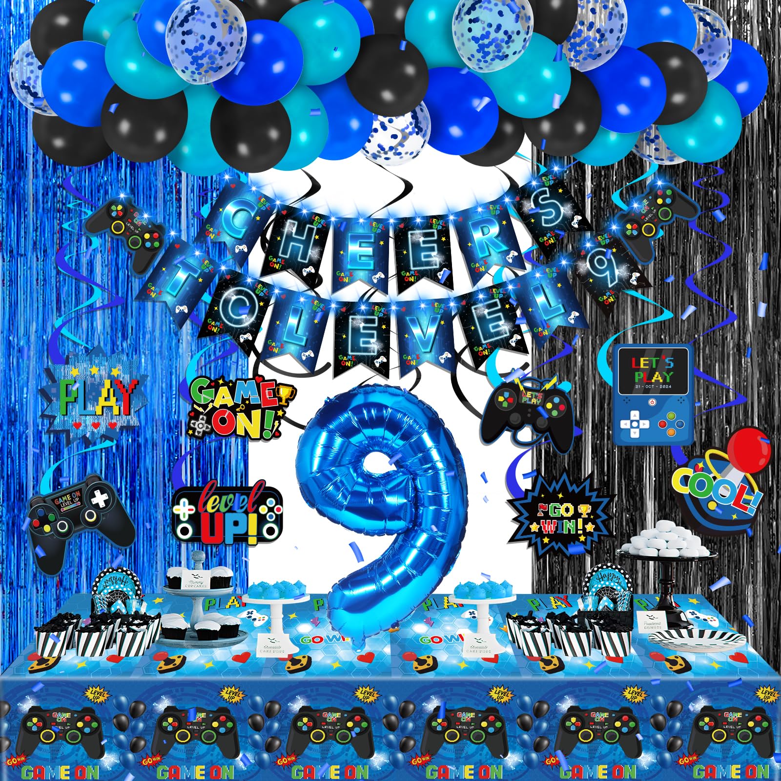 Amazon.com: Video Game 9th Birthday Party Decorations Blue Black Cheers ...