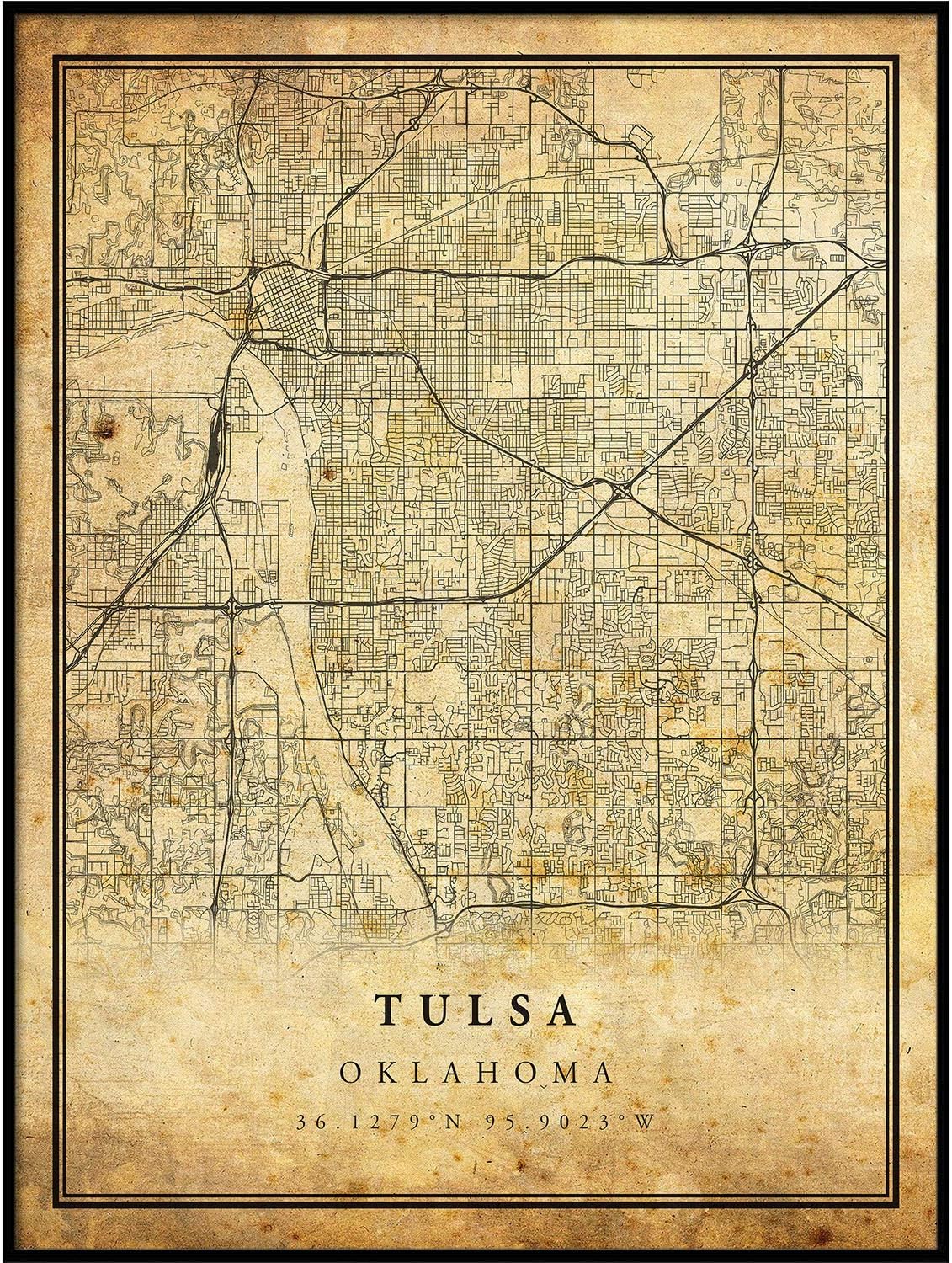 Amazon.com: Tulsa map Vintage Style Poster Print | Old City Artwork ...