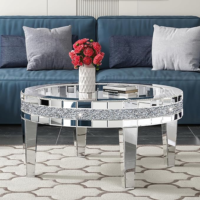 Amazon.com: blingworld 35.5'' Mirrored Round Coffee Table for Living ...