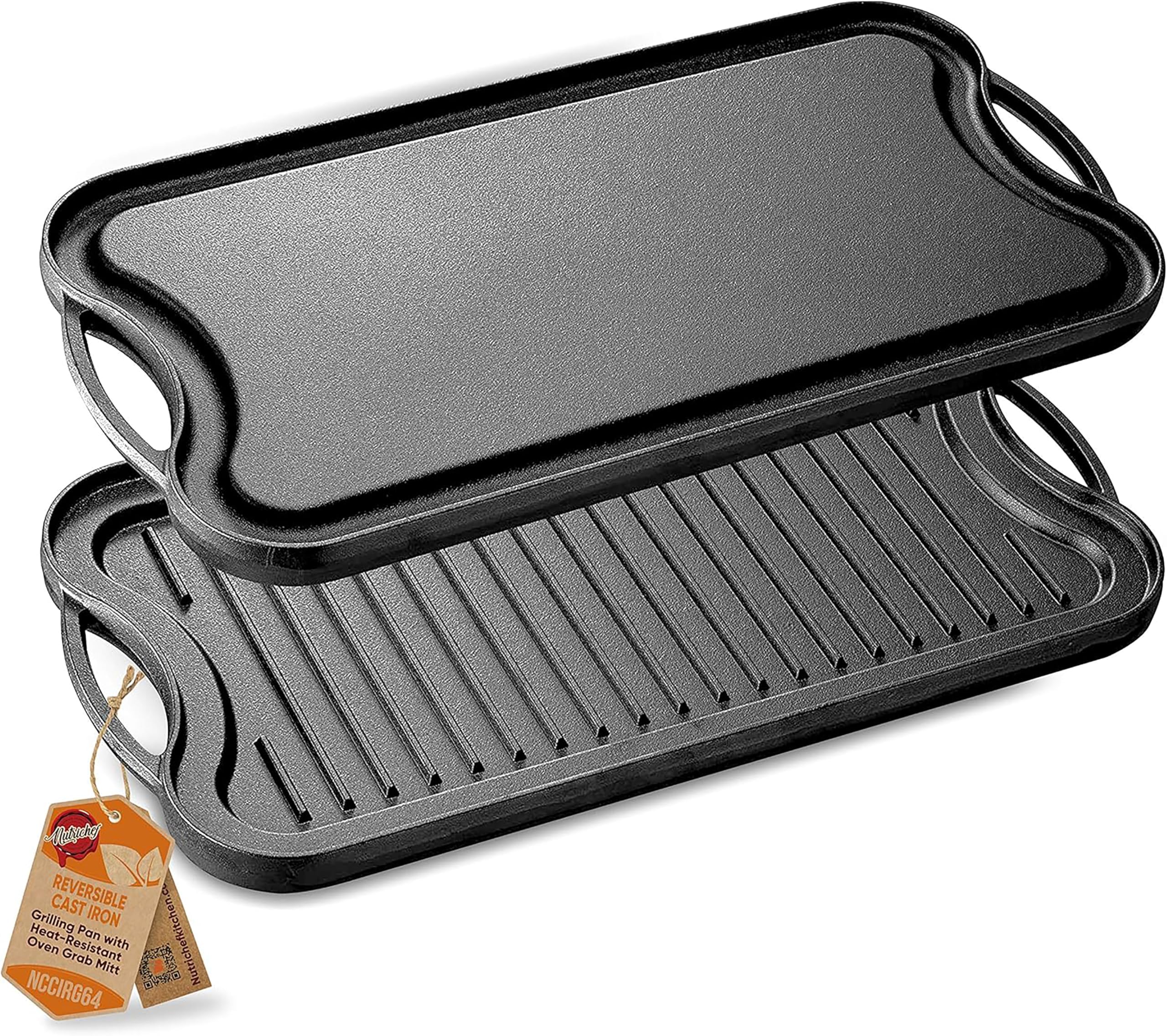 VonShef Reversible Cast Iron BBQ Griddle Pan with Handles, Pre-Seasoned ...