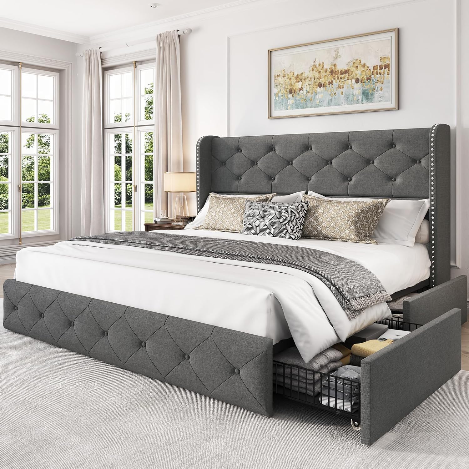 Amazon.com: LARMACE Full Size Bed Frame with 4 Storage Drawers and ...