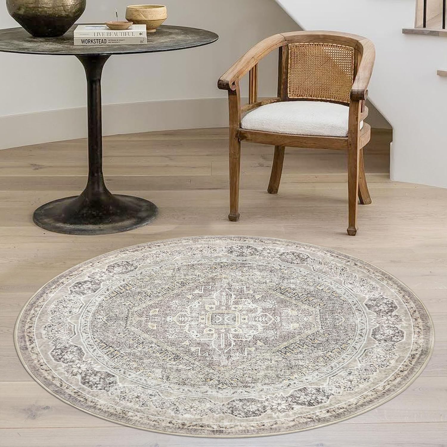 Amazon.com: KUTA Oriental Small Round Rugs 3ft, Ivory Grey Yellow ...