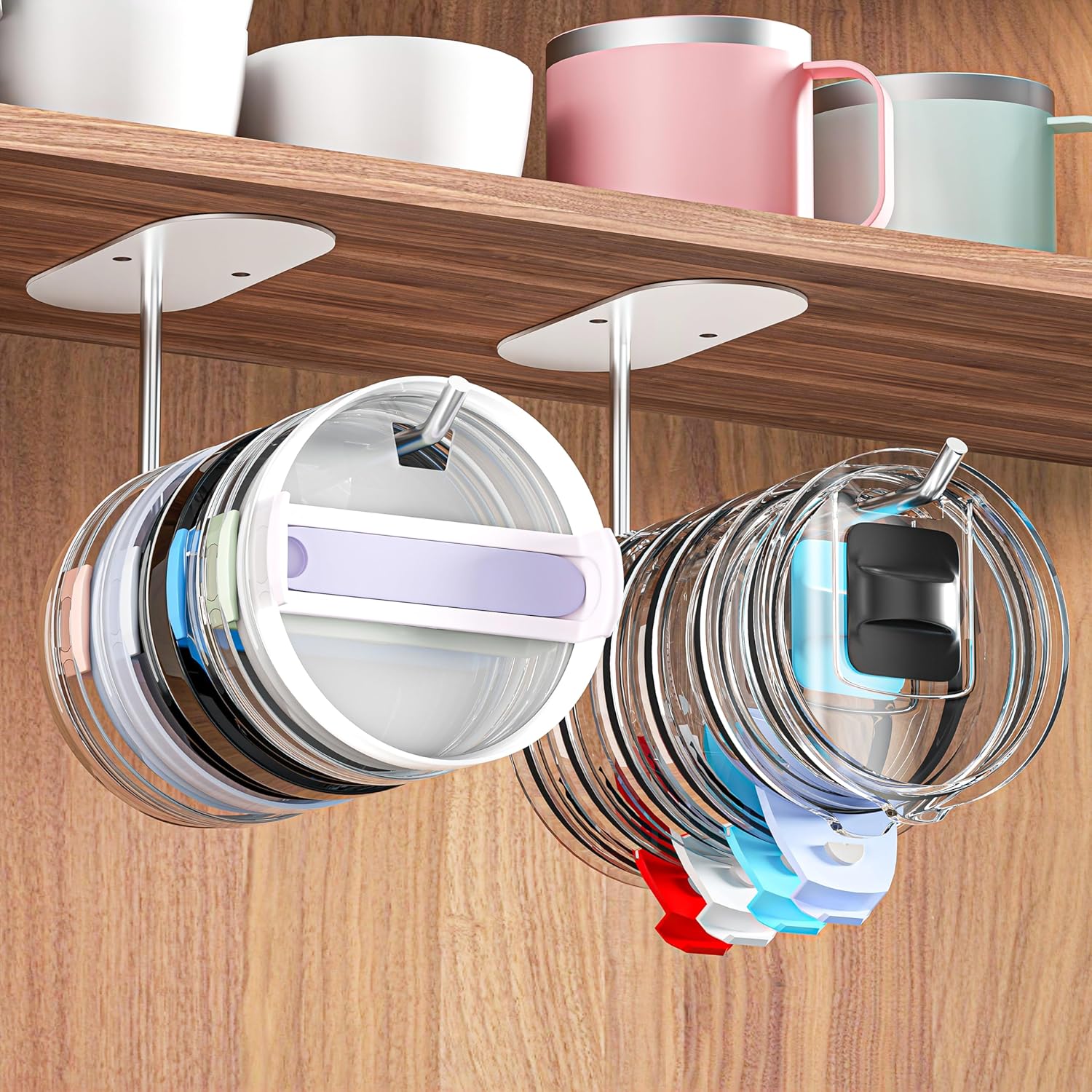 2 Pack Tumbler Lid Organizer Under Cabinet, Tumbler Lid Holder Hook for ...
