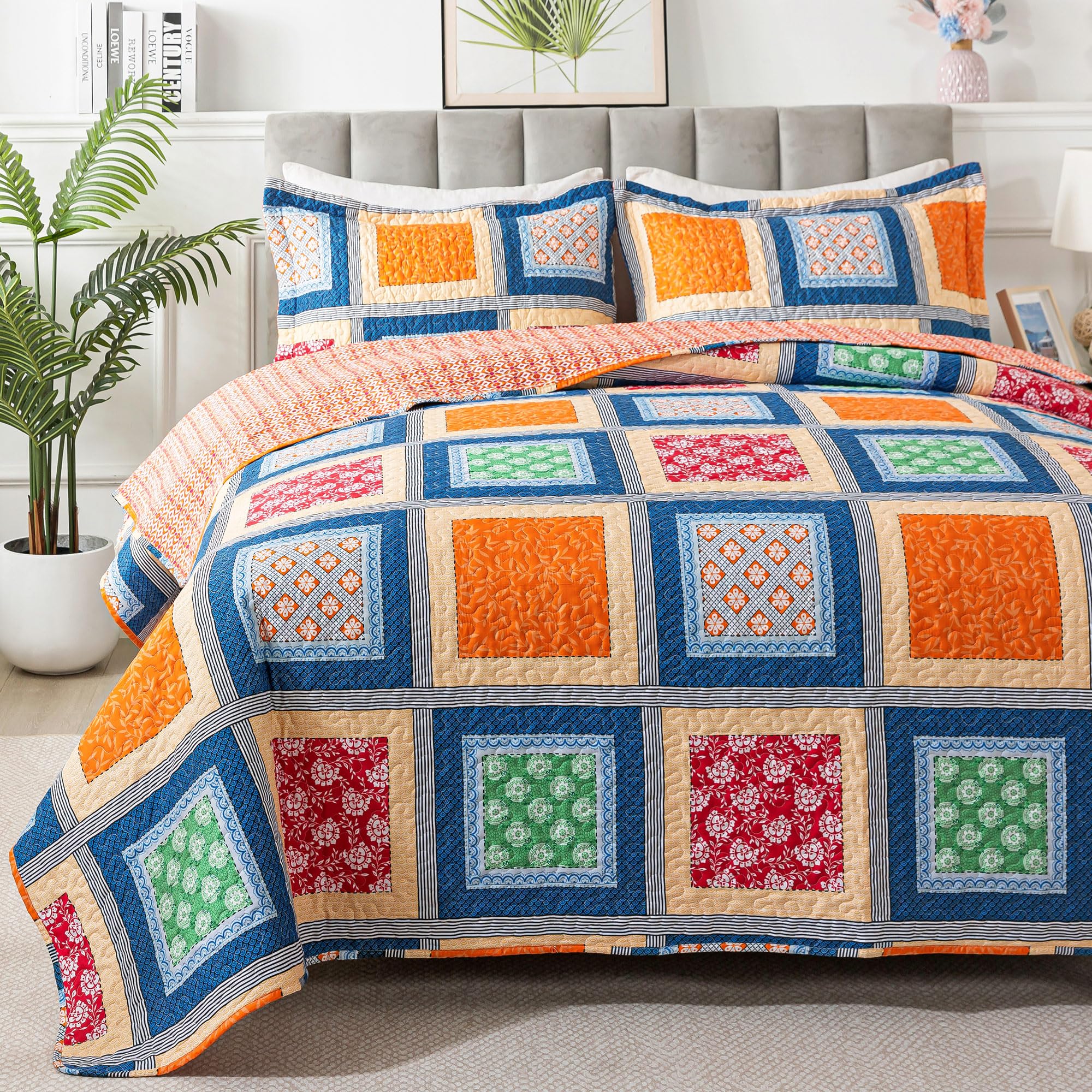 Amazon.com: HoneiLife Quilt Set Queen Size - Retro Bedspreads 3-Pieces ...