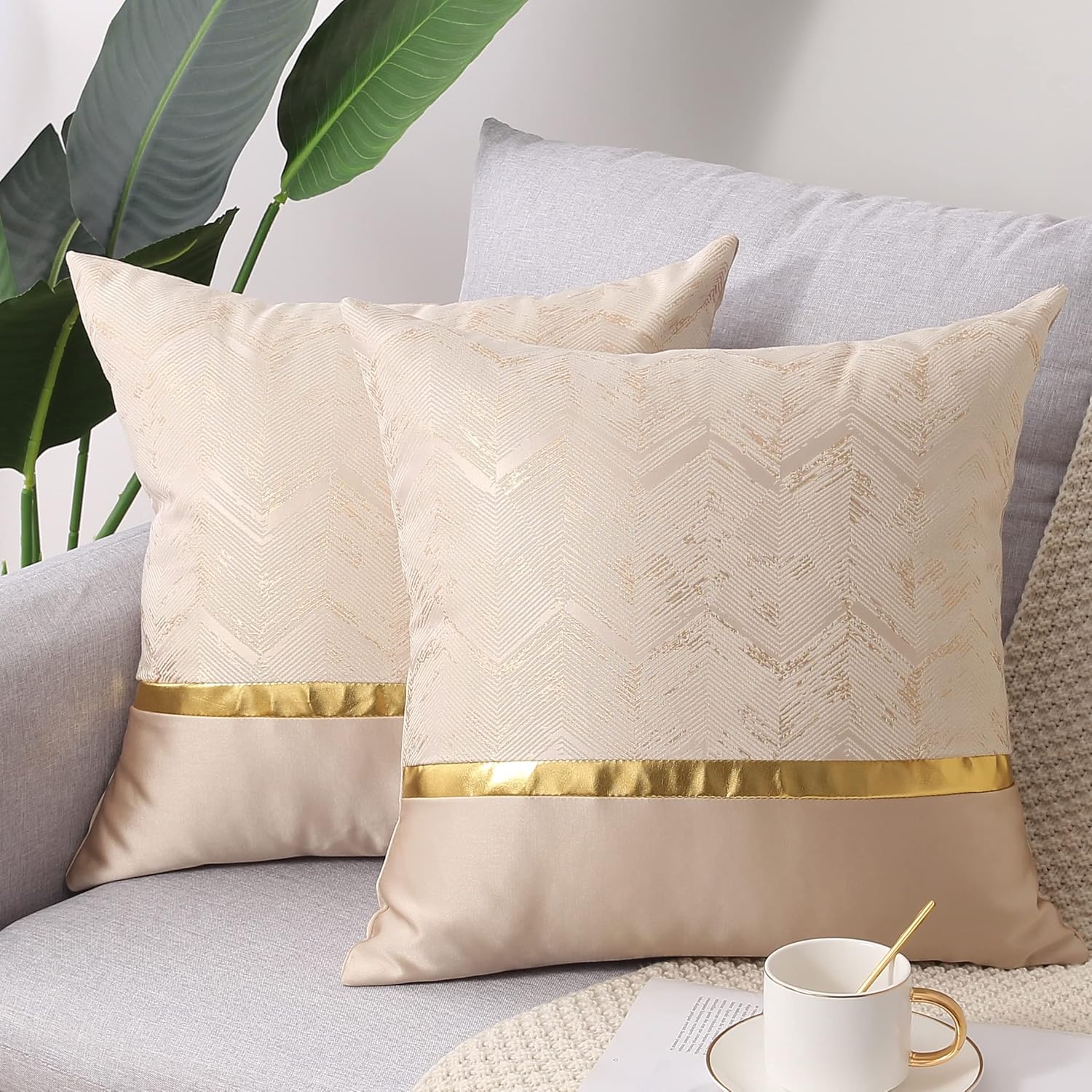 Amazon.com: Gujiahone Set of 2 Throw Pillow Covers Beige Gold Leather ...
