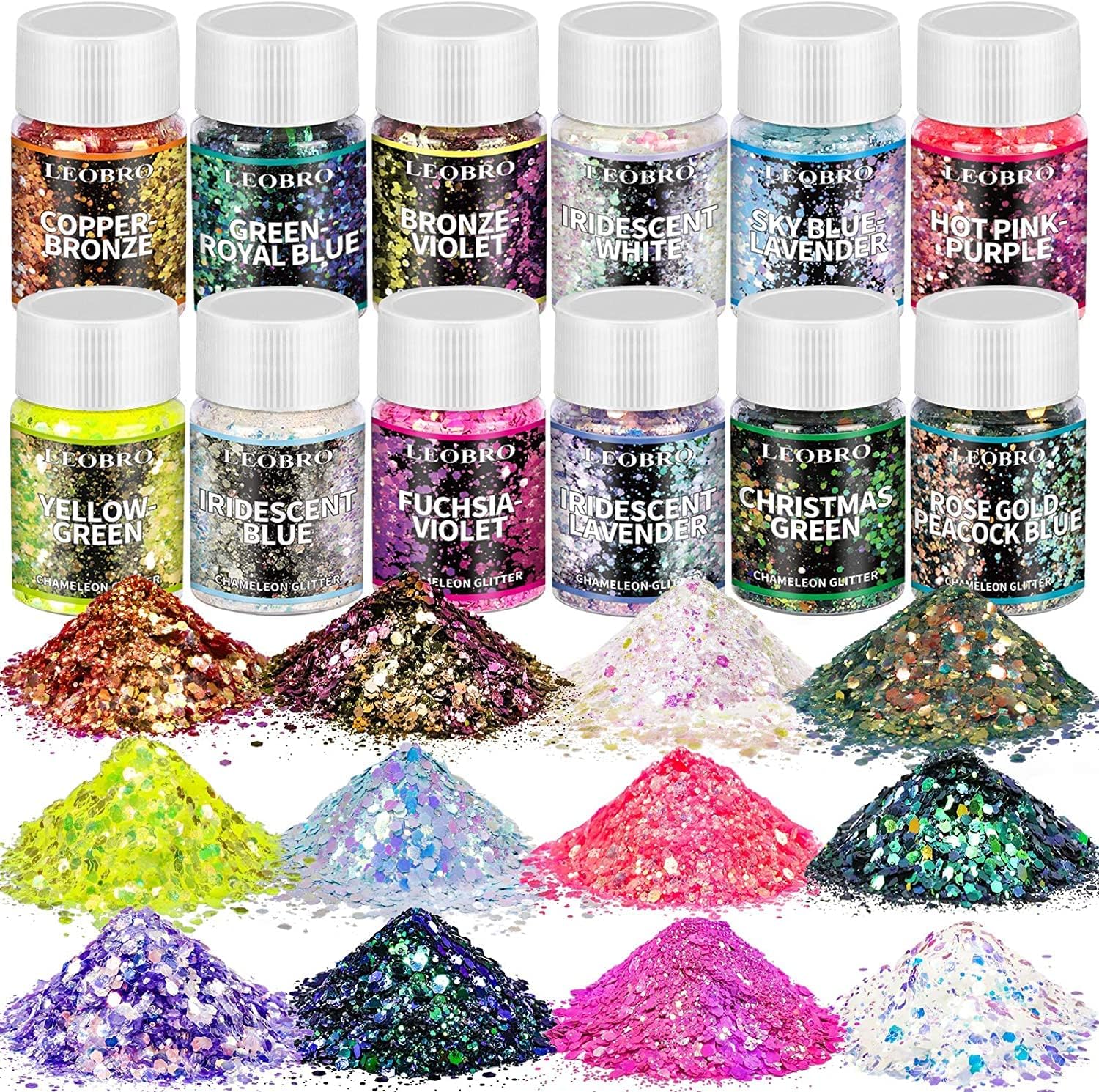 Chunky Glitter, LEOBRO 12 Color Holographic Chameleon Craft Glitter for ...