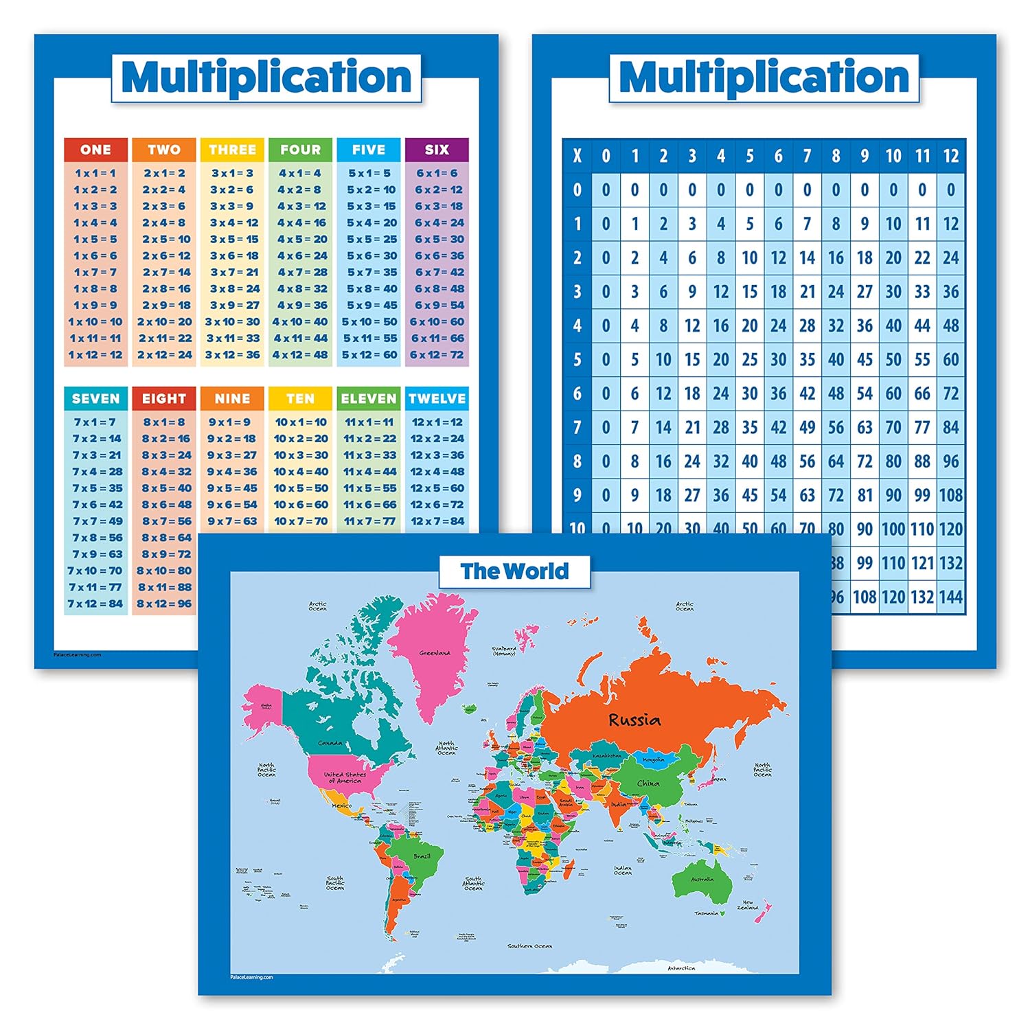 3 Pack: Multiplication Tables + World Map for Kids Poster + Set of 3 ...