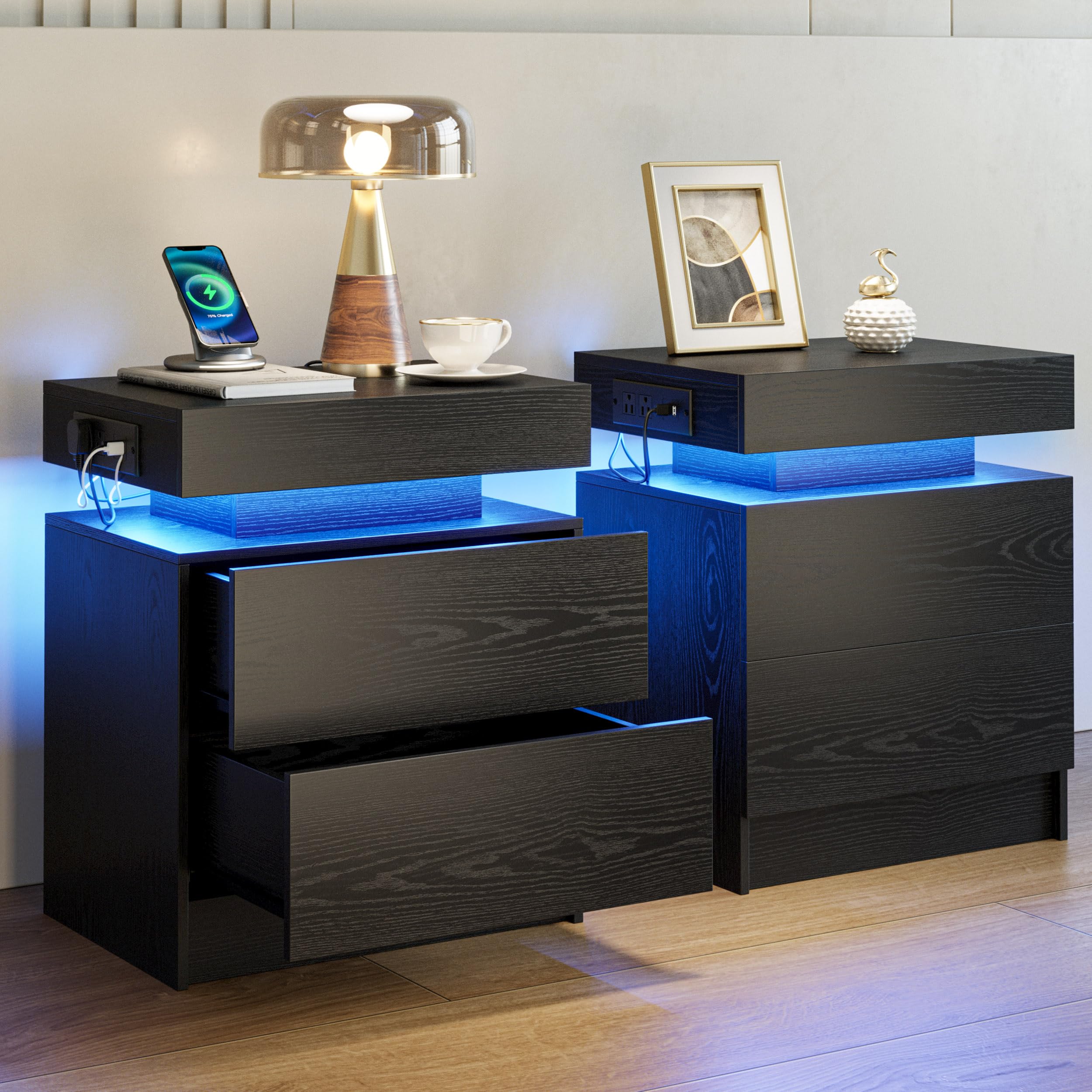 Amazon.com: IRONCK Black Night Stand Set of 2, Modern Nightstand with ...