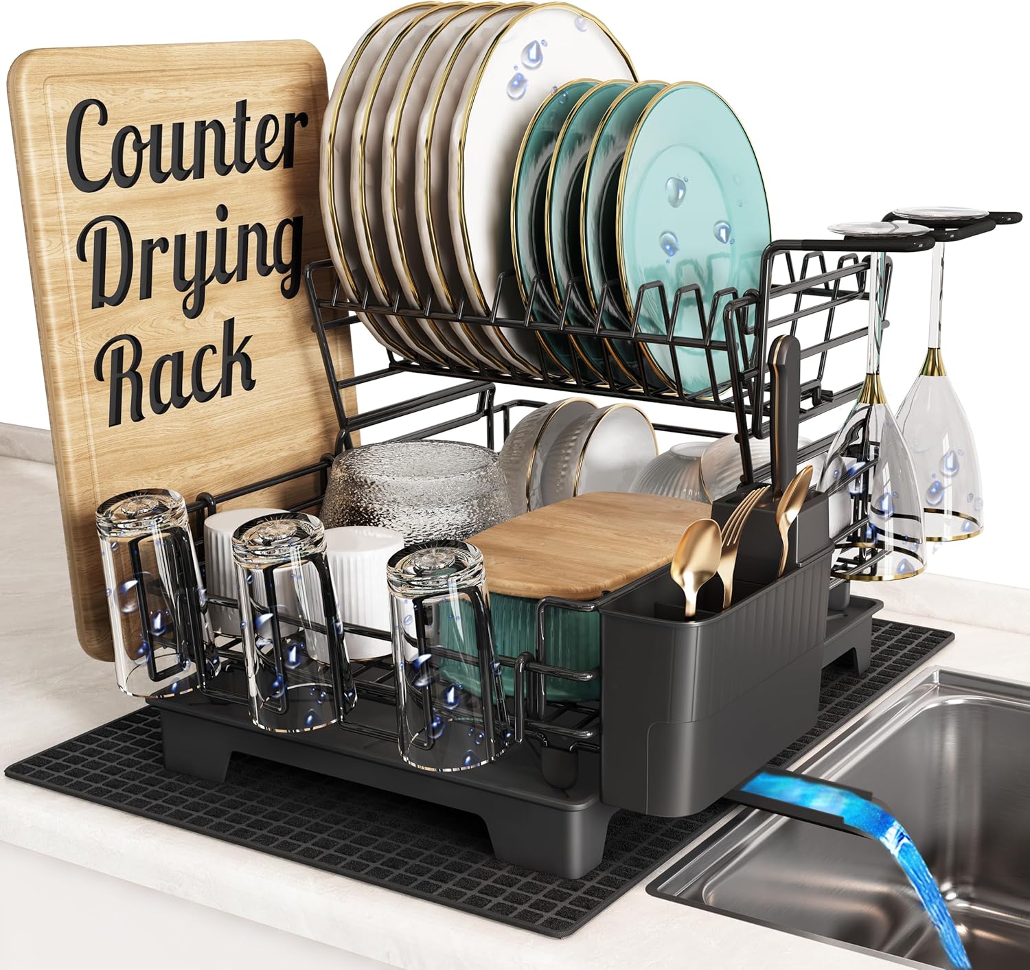 Dish Drainer Rack, 2 Tier Dish Drainer with Drip Tray and Drainer Mat ...