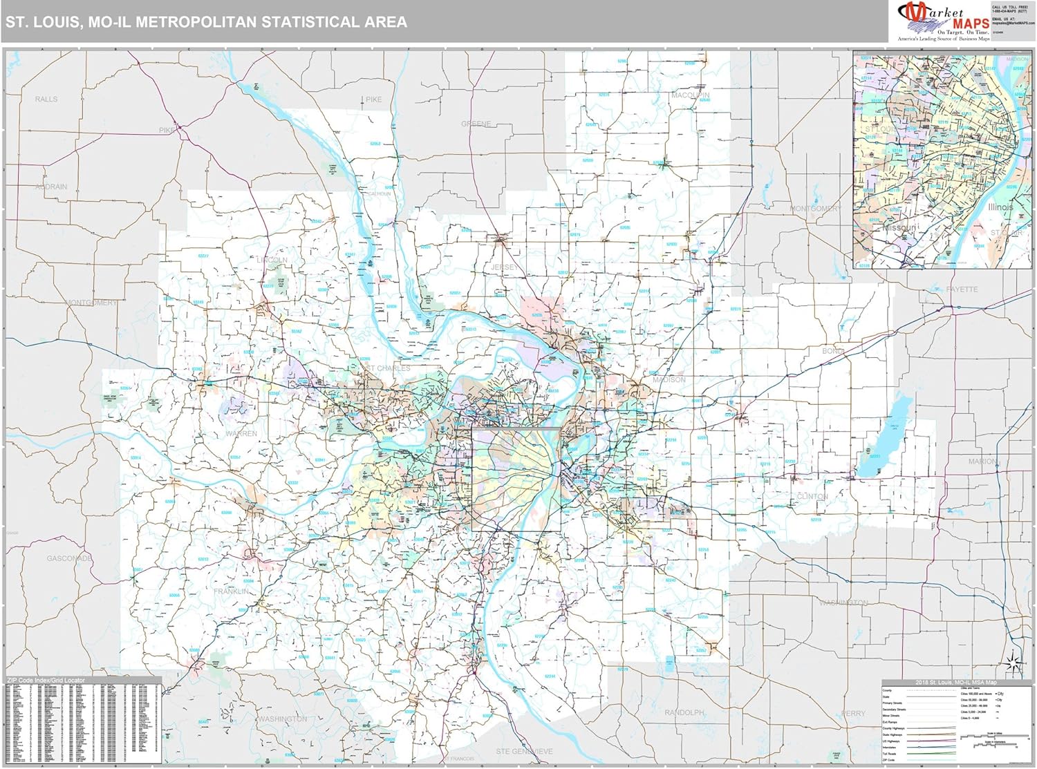 Amazon.com: St. Louis, MO Metro Area Wall Map - 2018 - ZIP Codes ...