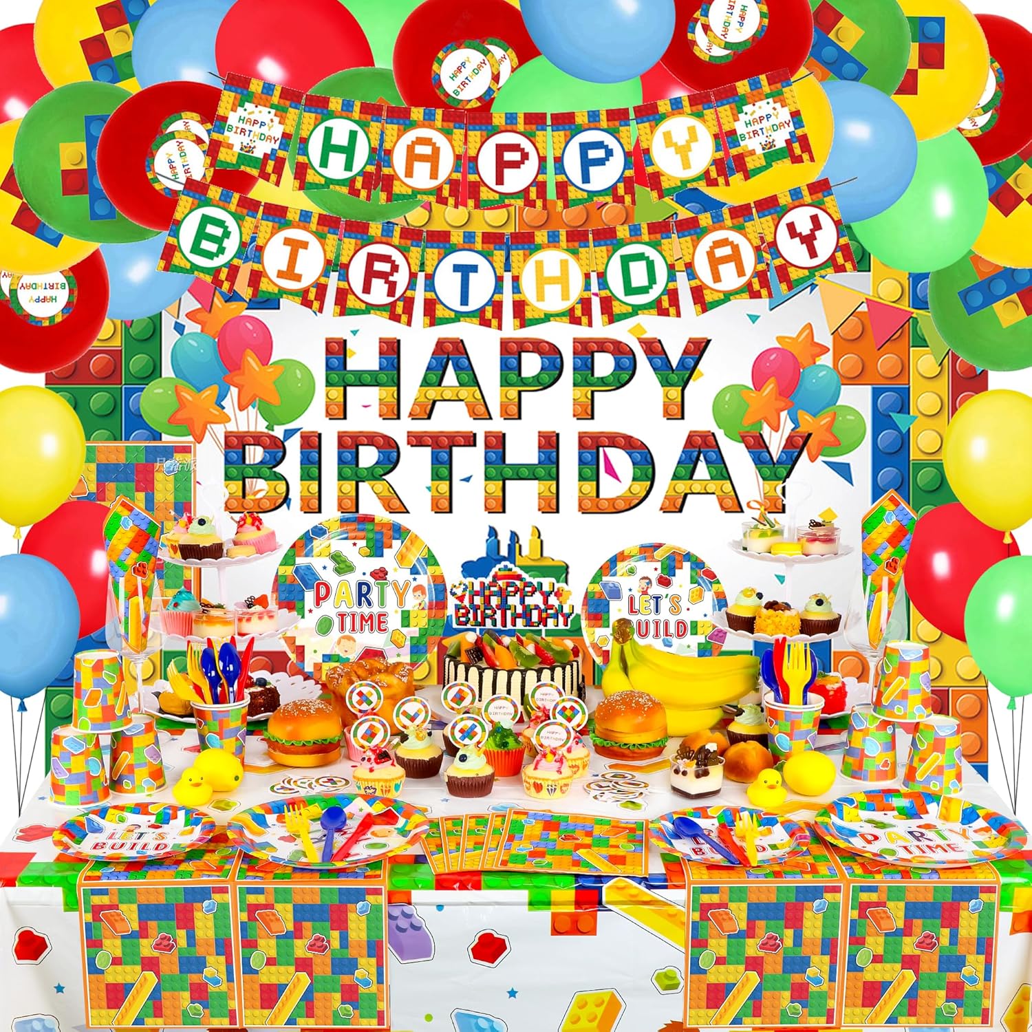 Amazon.com: KUGUY 177 Pcs Building Block Birthday Party Decorations ...