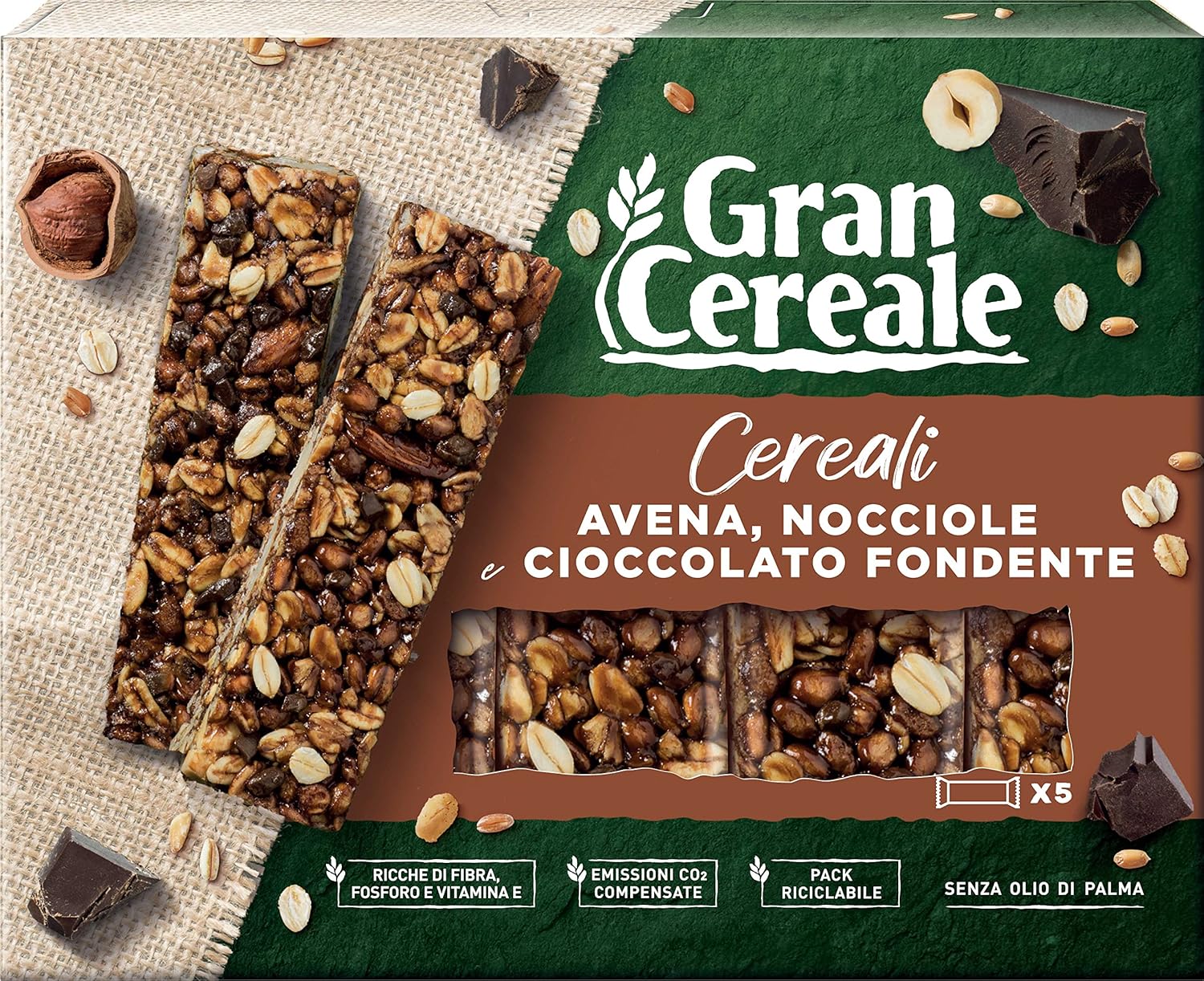 Gran Cereale, Snack Barrette al Cioccolato Fondente, Avena, e Nocciole ...
