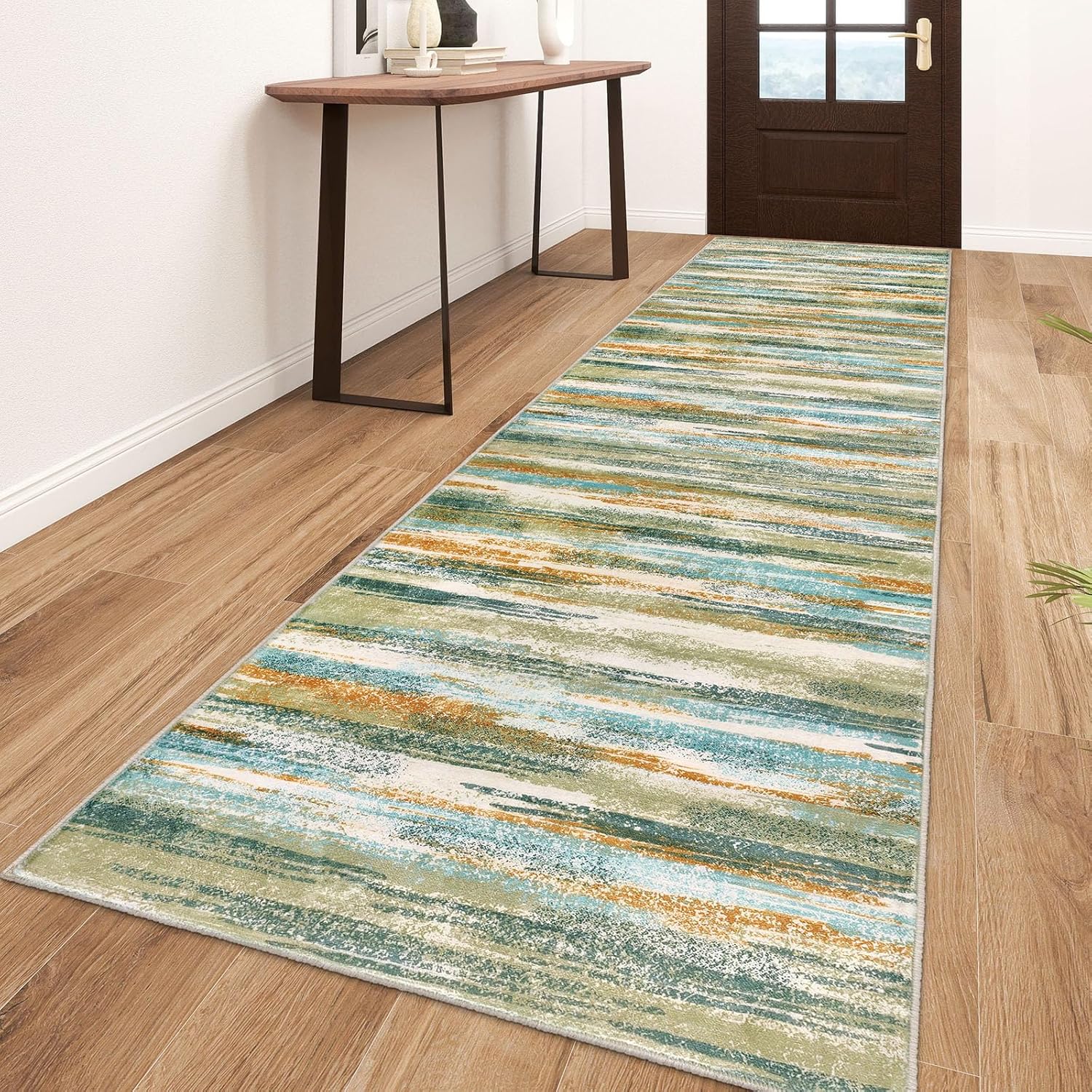 Amazon.com: Lansny Modern Abstract Runner Rug 3x10, Green Washable ...