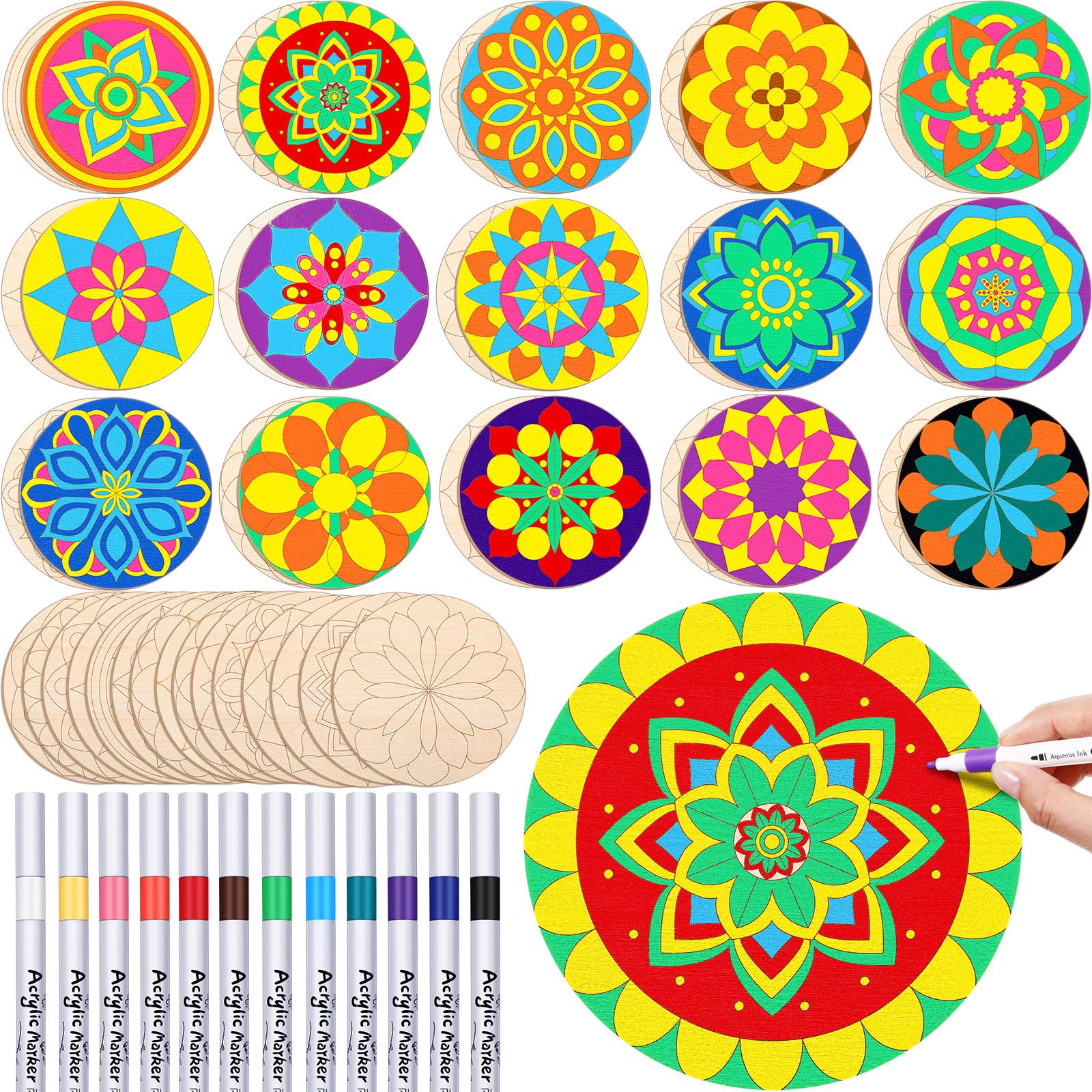 Amazon.com: Wonderjune 42 Pcs Wooden Mandala Painting Set 30 Mandala ...