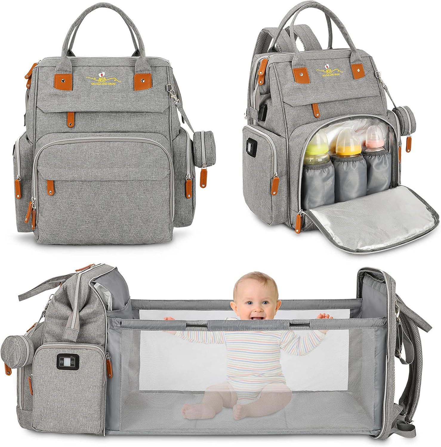 Amazon.com: Giggle and Grow Warm-Me-Up Grey Diaper Bag with Temperature ...