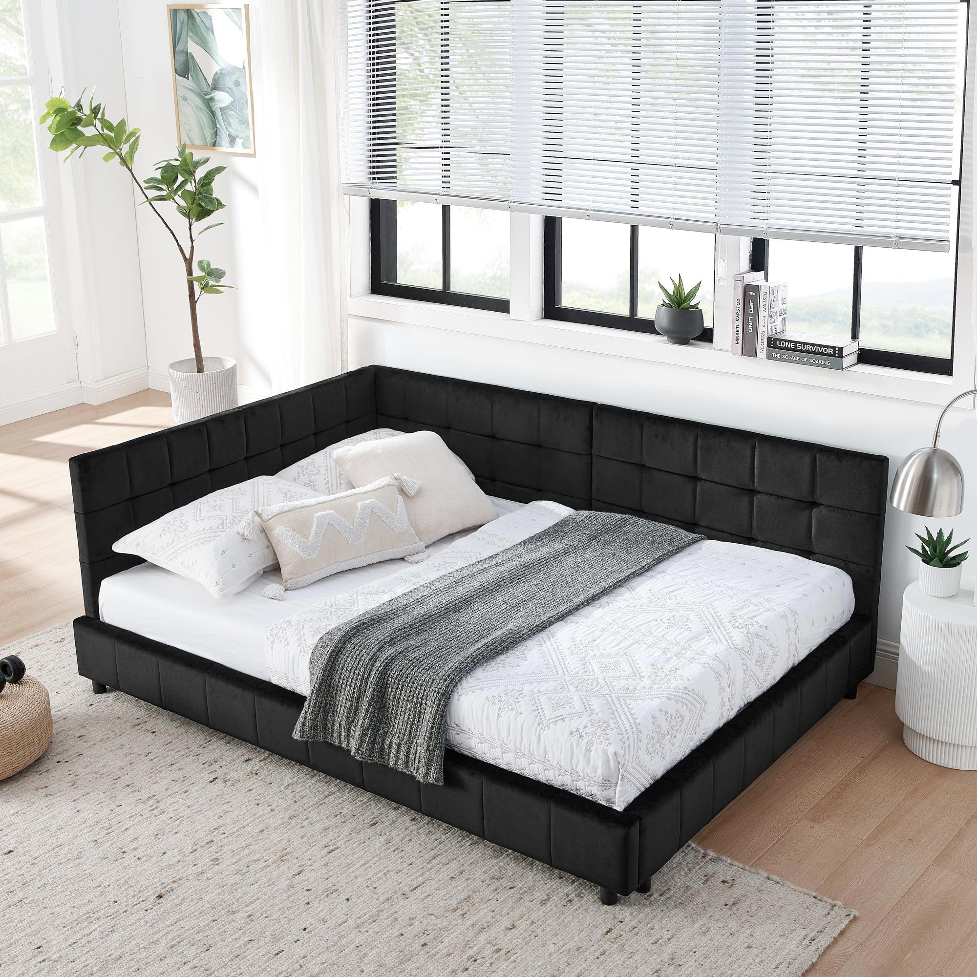 Amazon.com: Queen Size Velvet Daybed with 2 Storage Drawers, L-Shaped ...