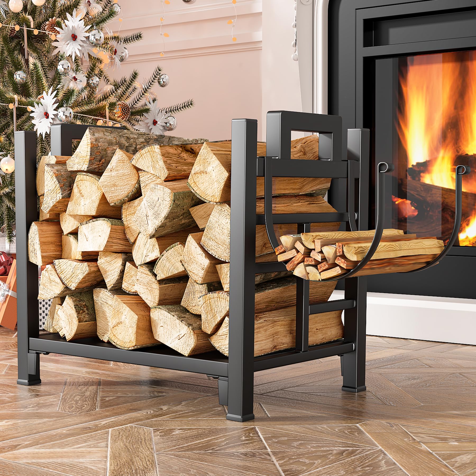 GREENER Firewood Rack Indoor with Kindling Wood Hooks, Metal Log ...