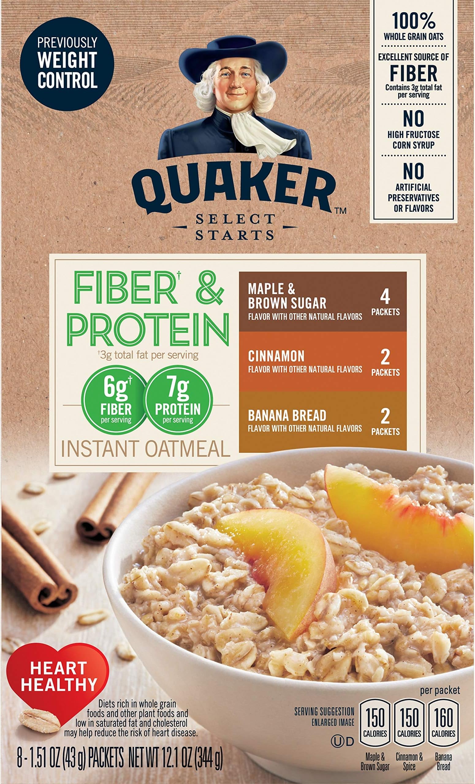 Amazon.com: Quaker Instant Oatmeal, High Fiber 2 Flavor Variety (32 ...