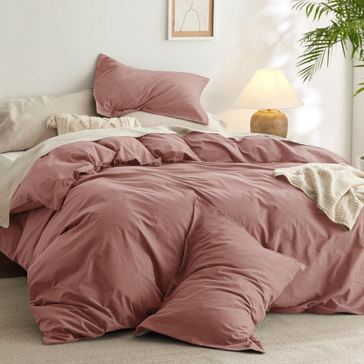 Amazon.com: Bedsure Comforter Set Queen Size Pink Clay - Cotton Fabric ...