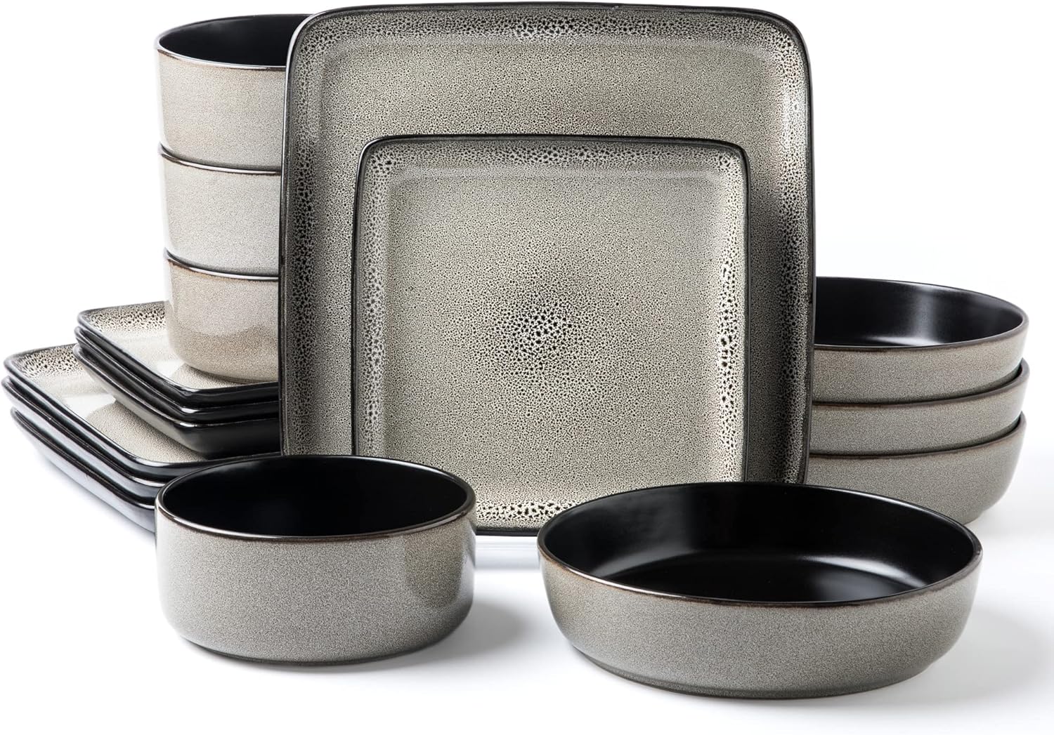 Arora FLACKAR Square Stoneware 16pc Double Bowl Dinnerware Set for 4 ...