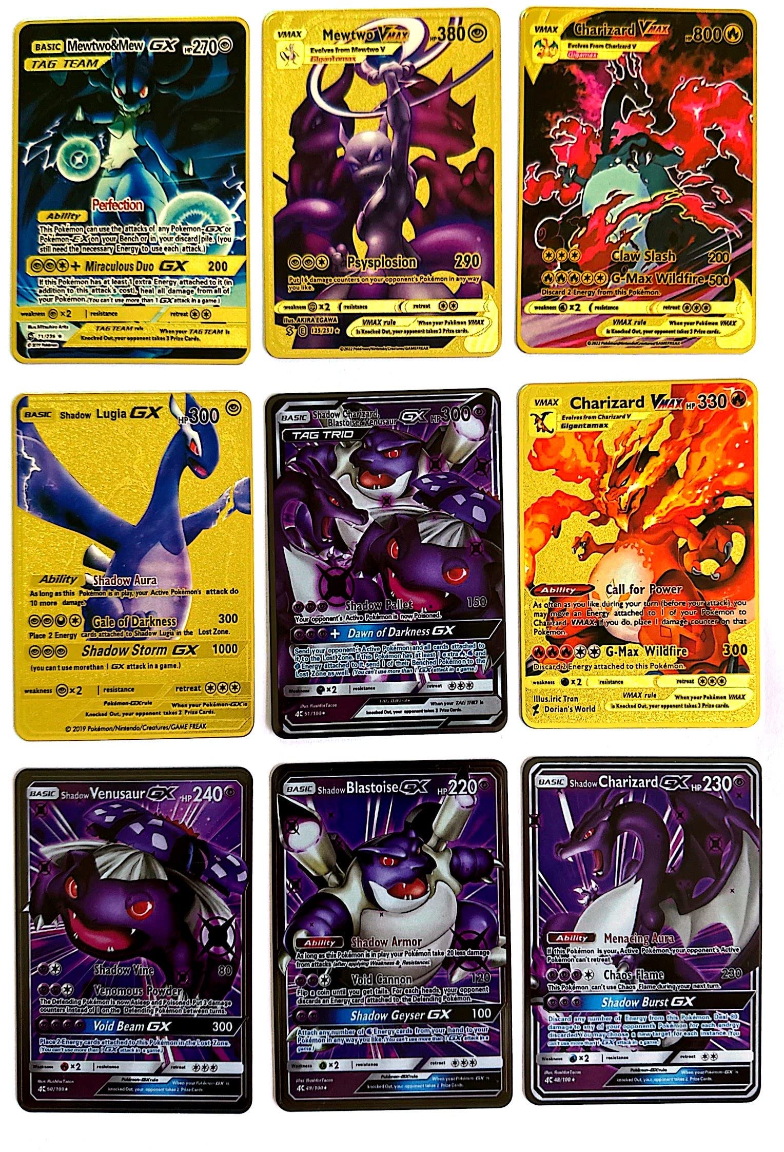 Buy 9Pcs Metal Gold Plated Cards, VMAX, Dark Metal GX, Mewtwo VMAX Dark ...
