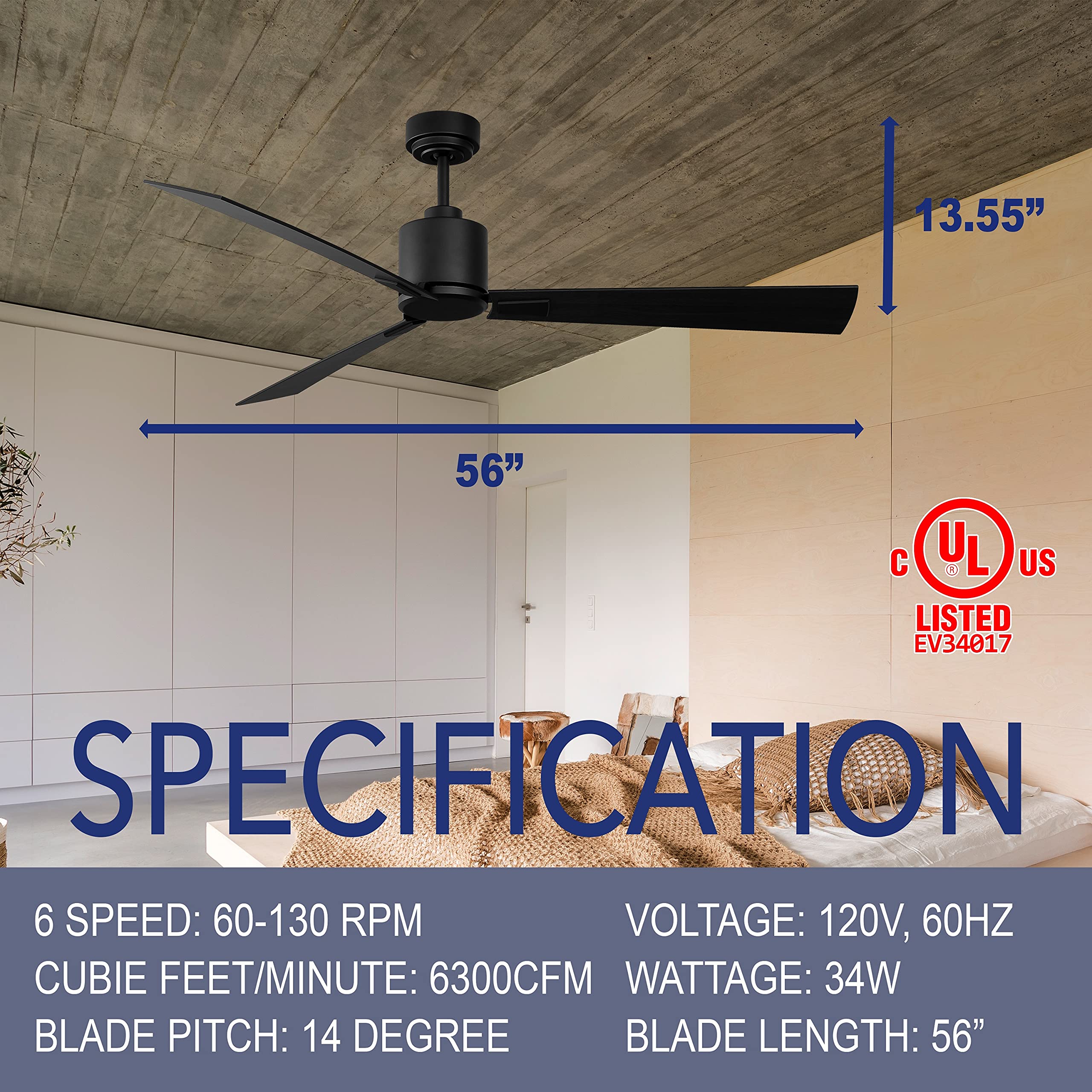 iLIVING Quiet BLDC Indoor Ceiling Fan with Remote Control, 3 Blades 6 ...